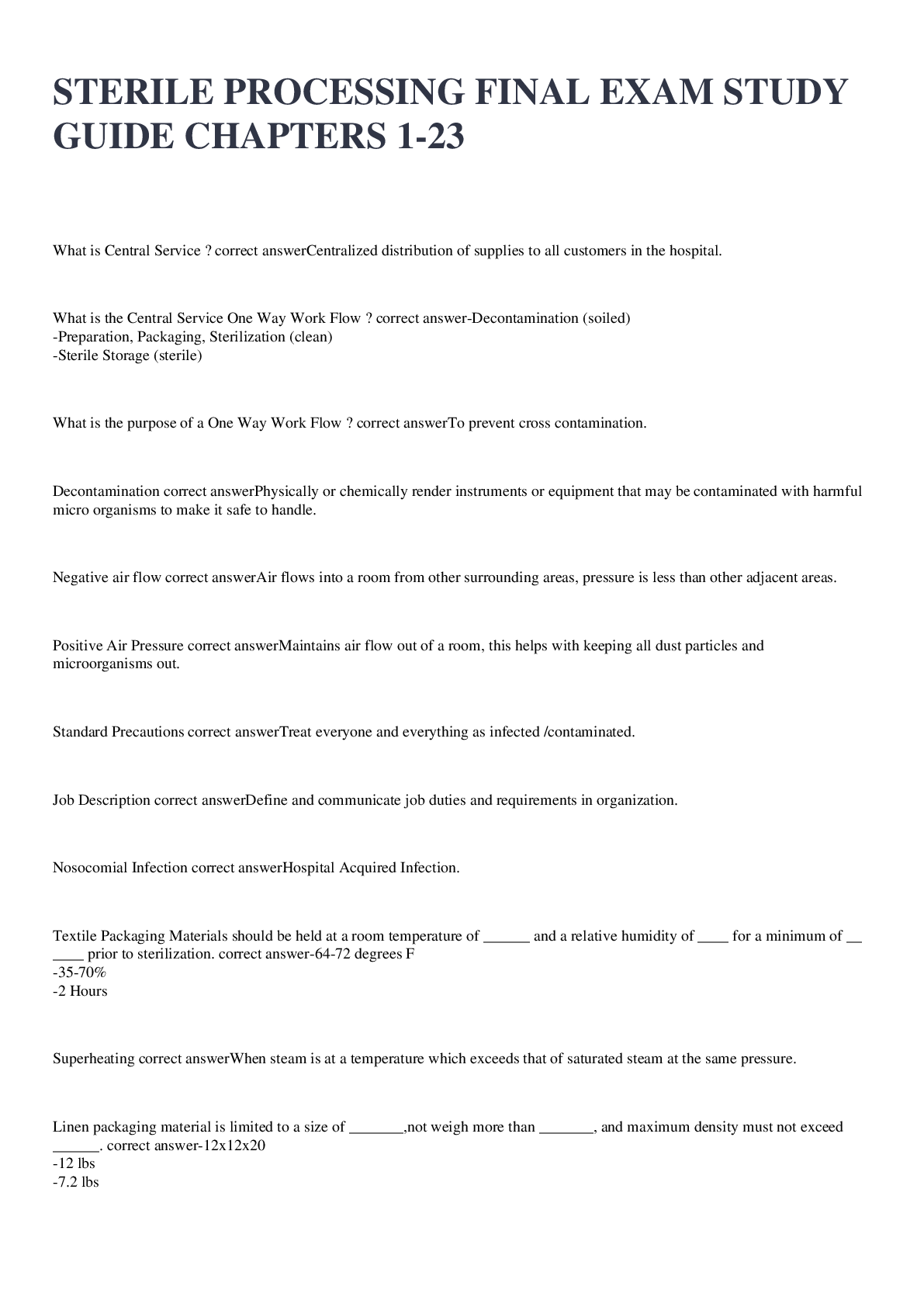 STERILE PROCESSING FINAL EXAM STUDY GUIDE CHAPTERS 1-23 WITH COMPLETE ...