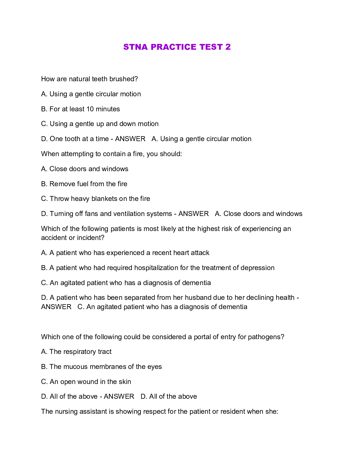 STNA PRACTICE TEST 2 - Scholarfriends