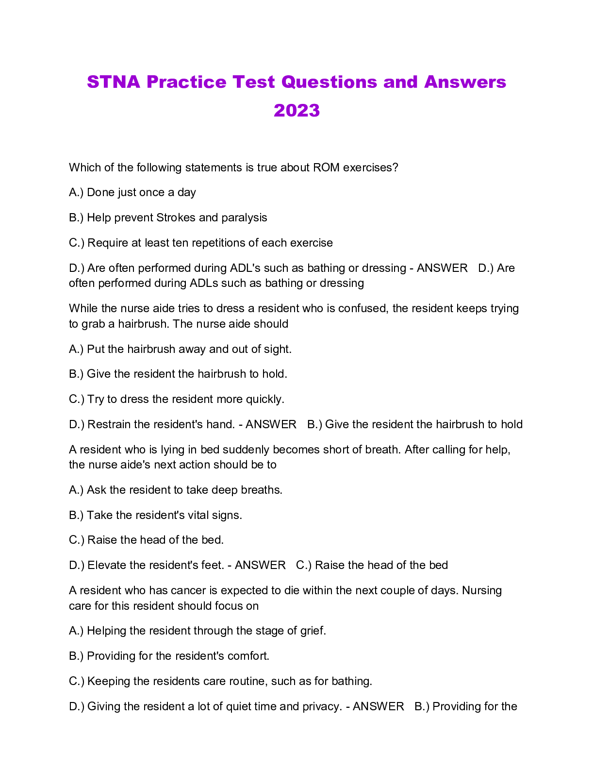 STNA Practice Test Questions and Answers 2023 - Scholarfriends