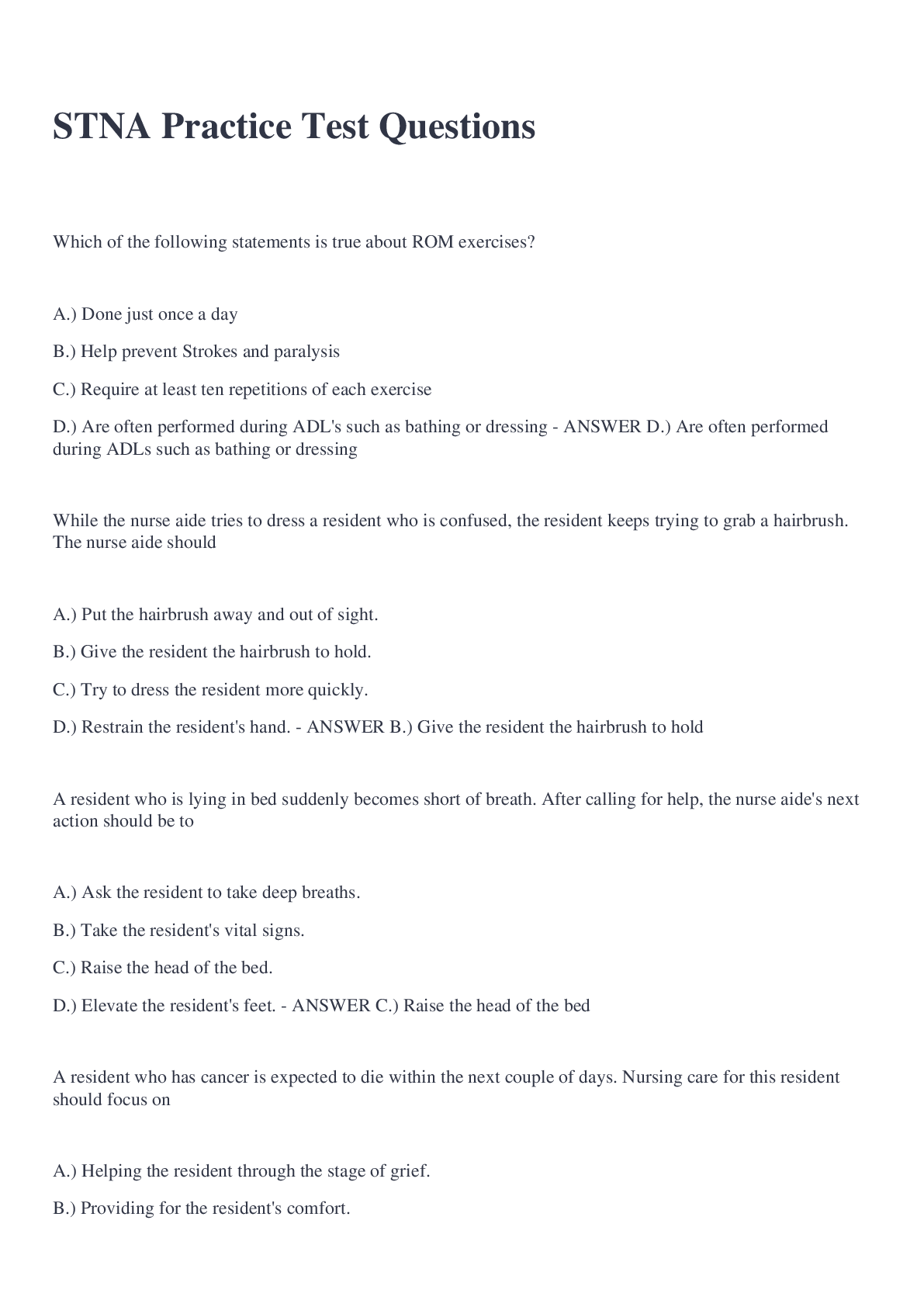 STNA Practice Test Questions 2022 Answered 100% correct - Scholarfriends