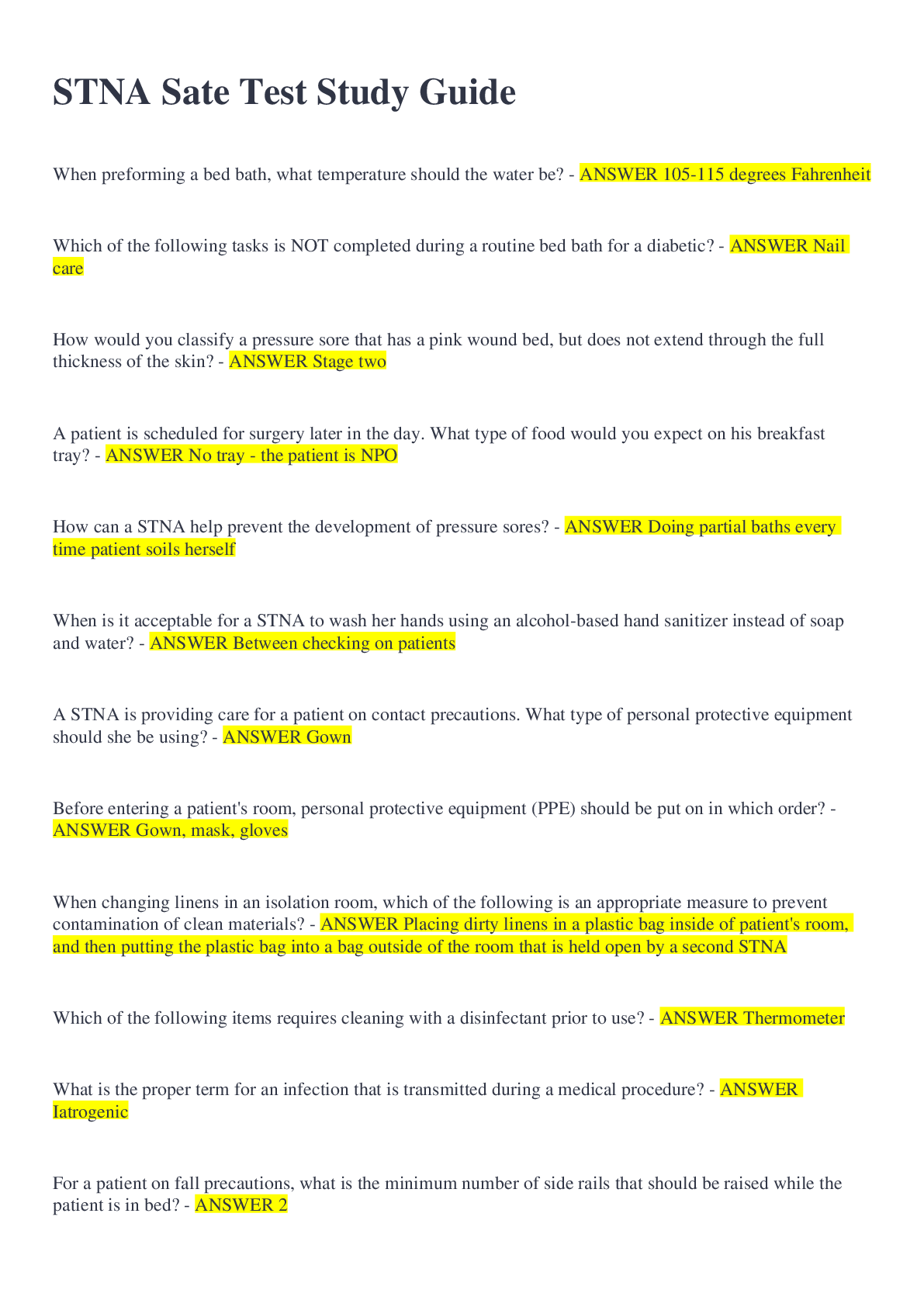 STNA Sate Test Study Guide 2022 with best solutions - Scholarfriends
