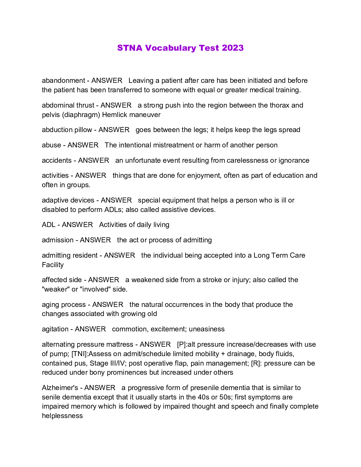 STNA Vocabulary Test 2023 - Scholarfriends