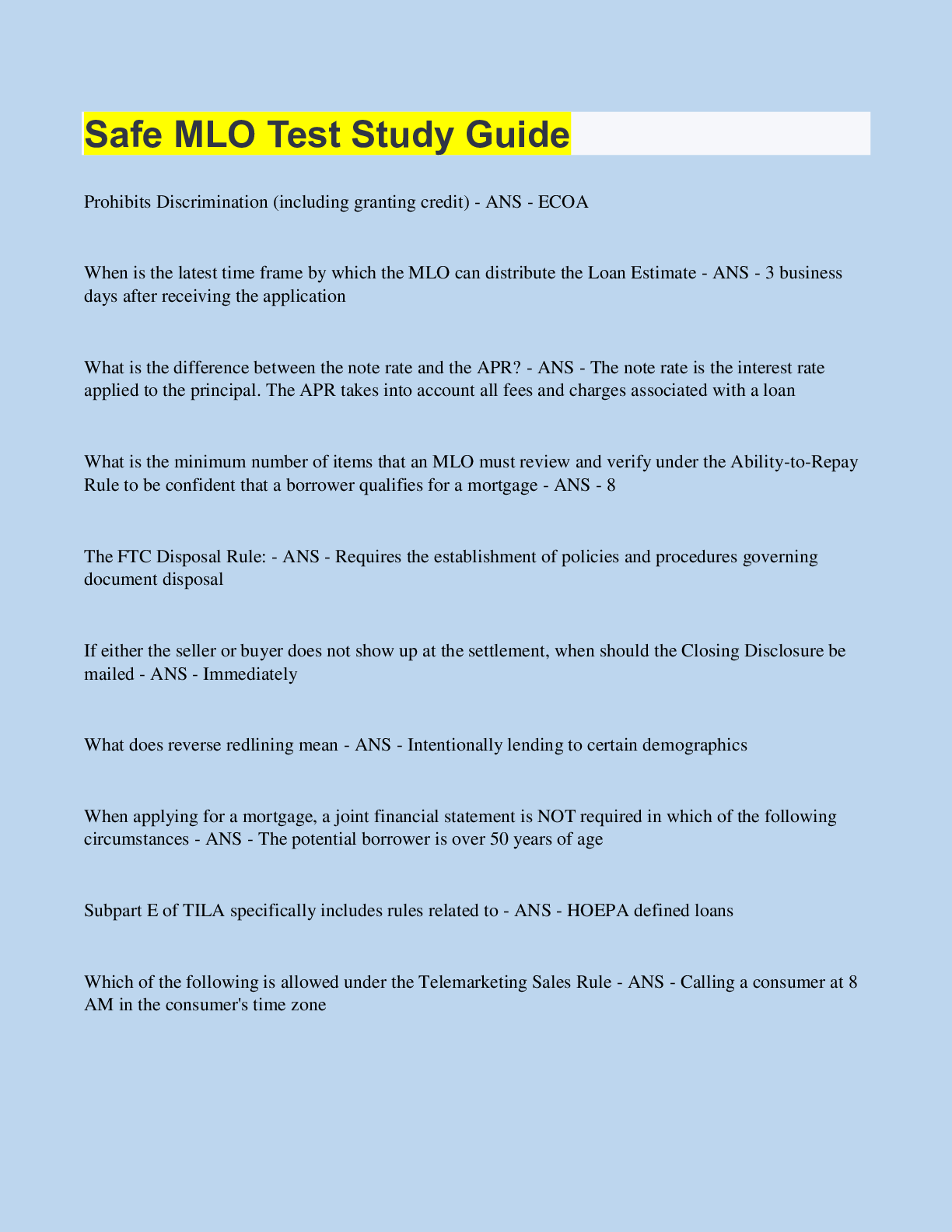 Safe MLO Test Study Guide - Scholarfriends