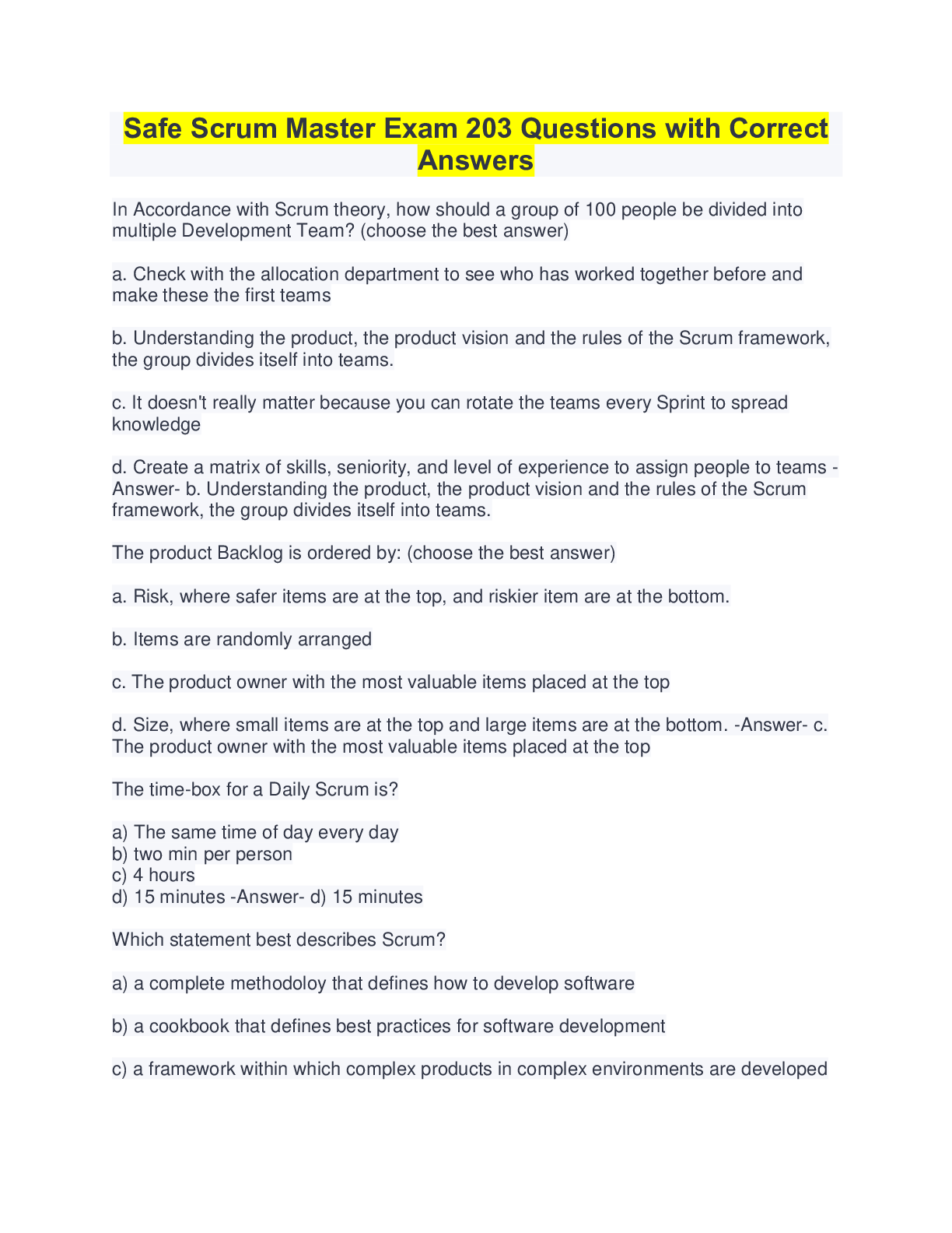 Safe Scrum Master Exam 203 Questions with Correct Answers - Scholarfriends