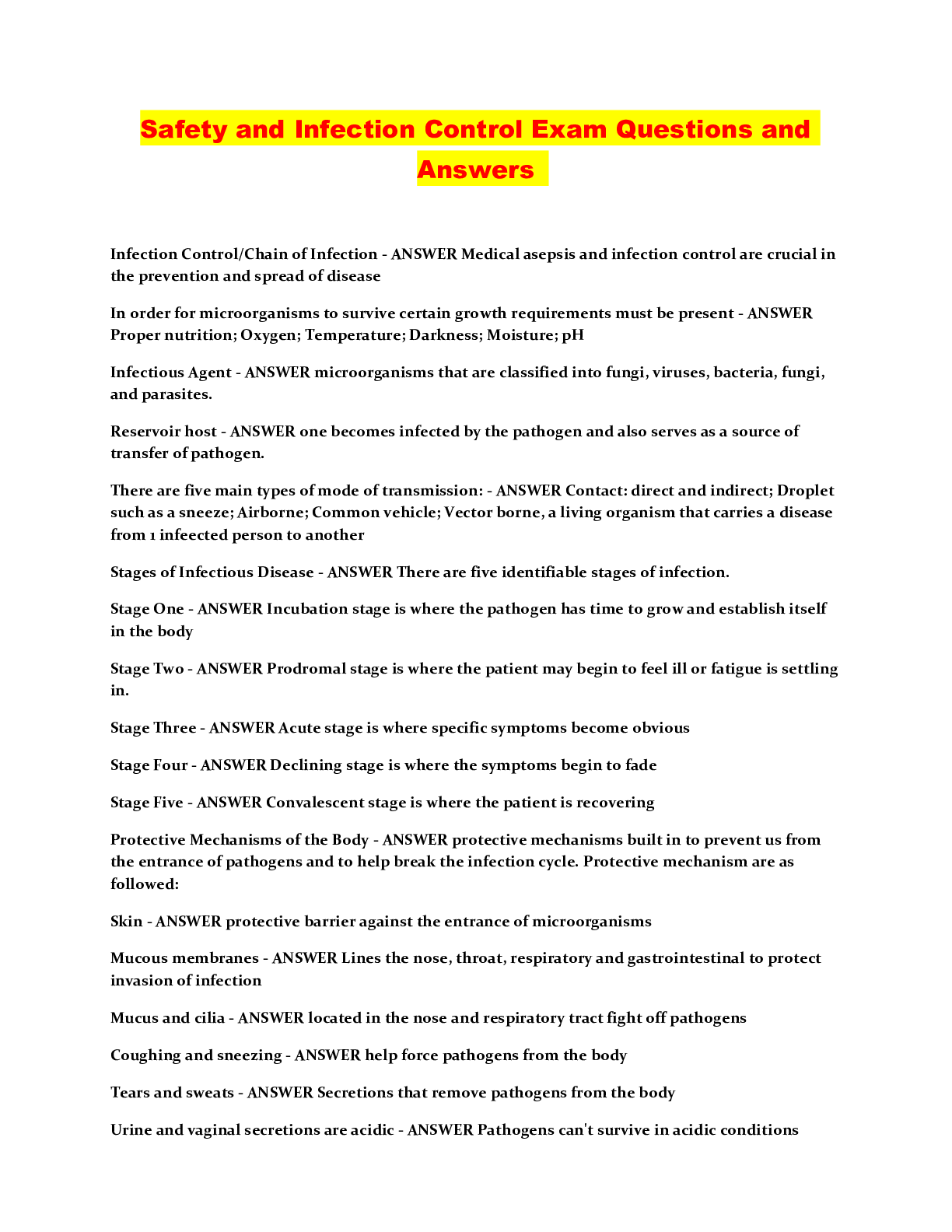 Safety and Infection Control Exam Questions and Answers - Scholarfriends