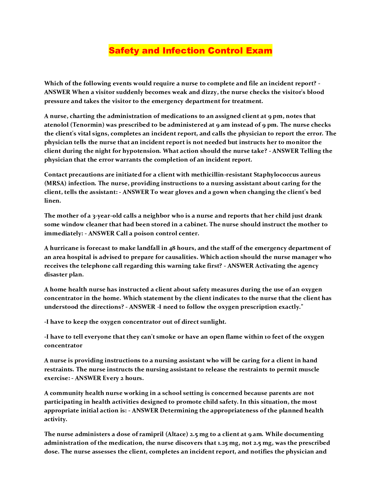 Safety and Infection Control Exam - Scholarfriends