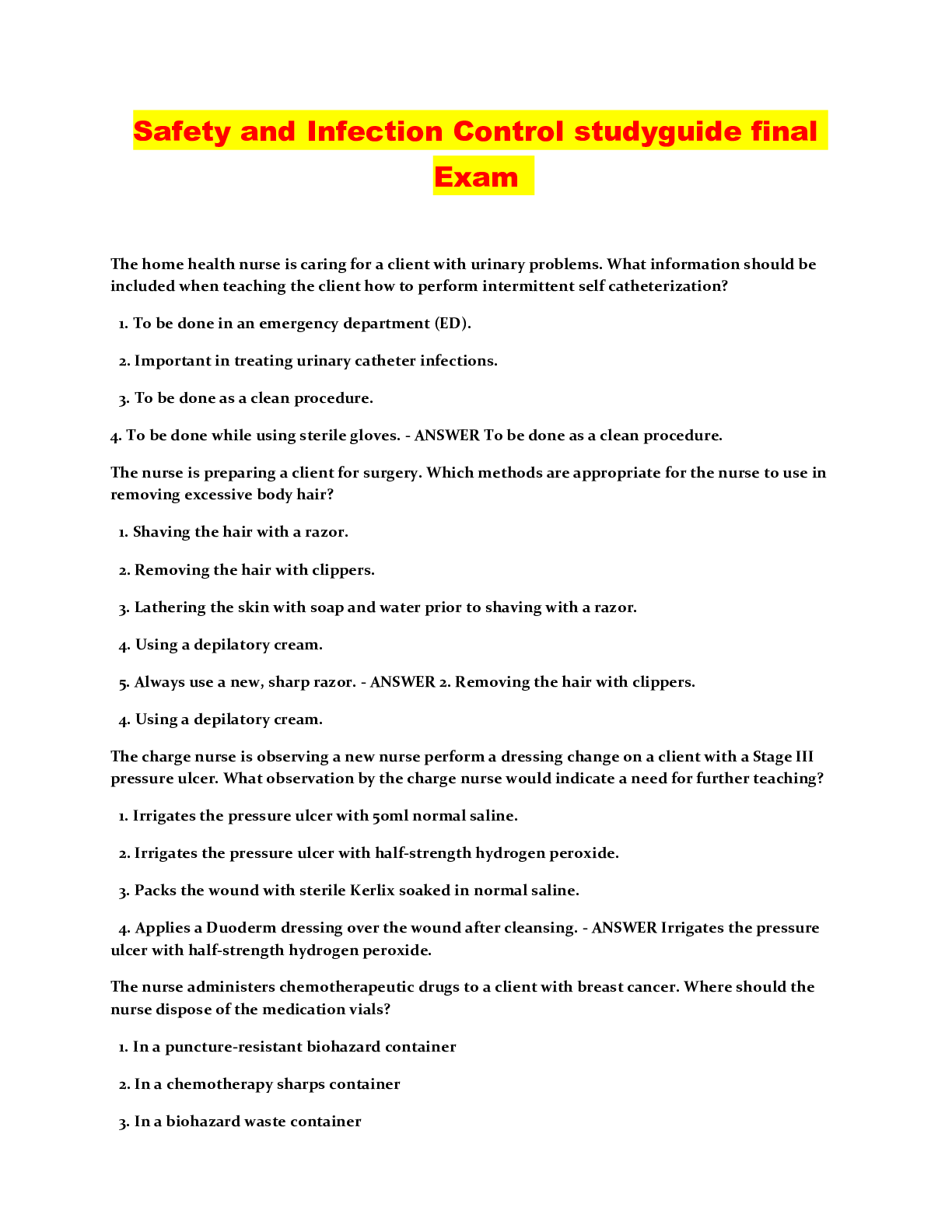 Safety and Infection Control studyguide final Exam - Scholarfriends