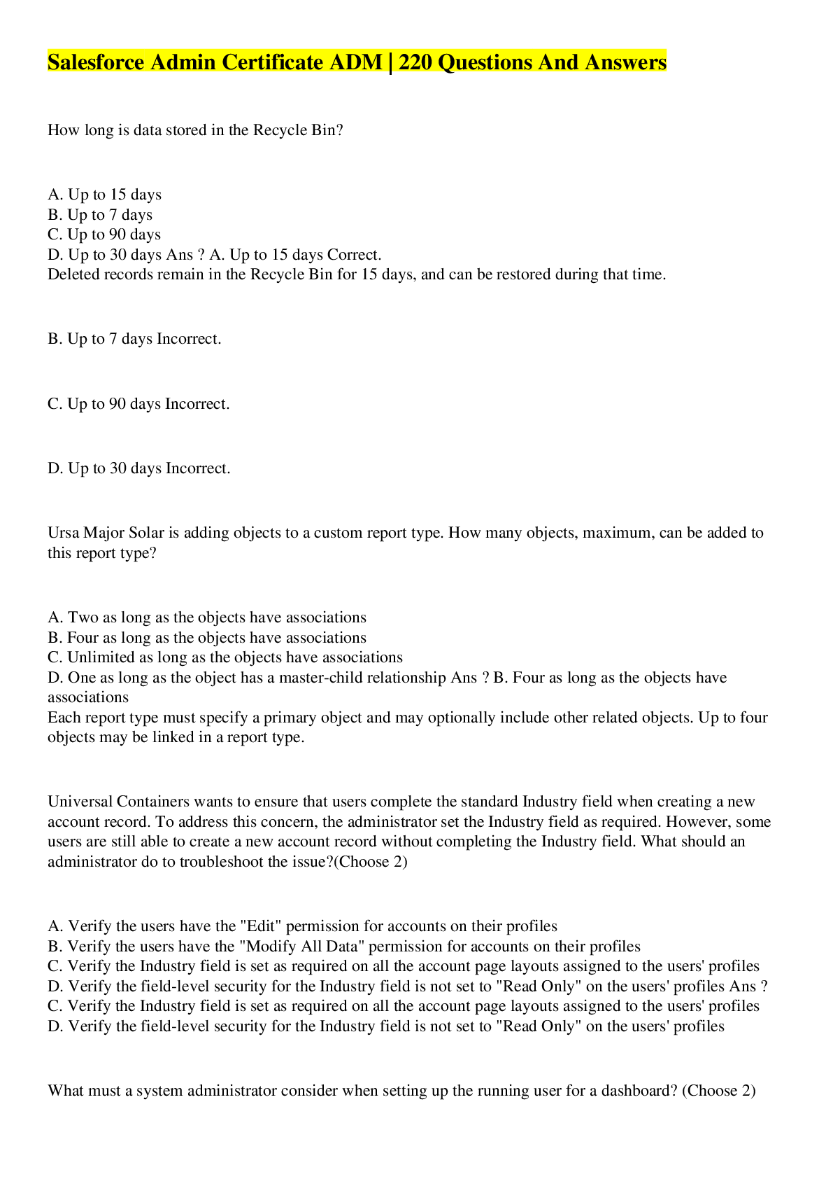 Salesforce Admin Certificate ADM | 220 Questions And Answers ...