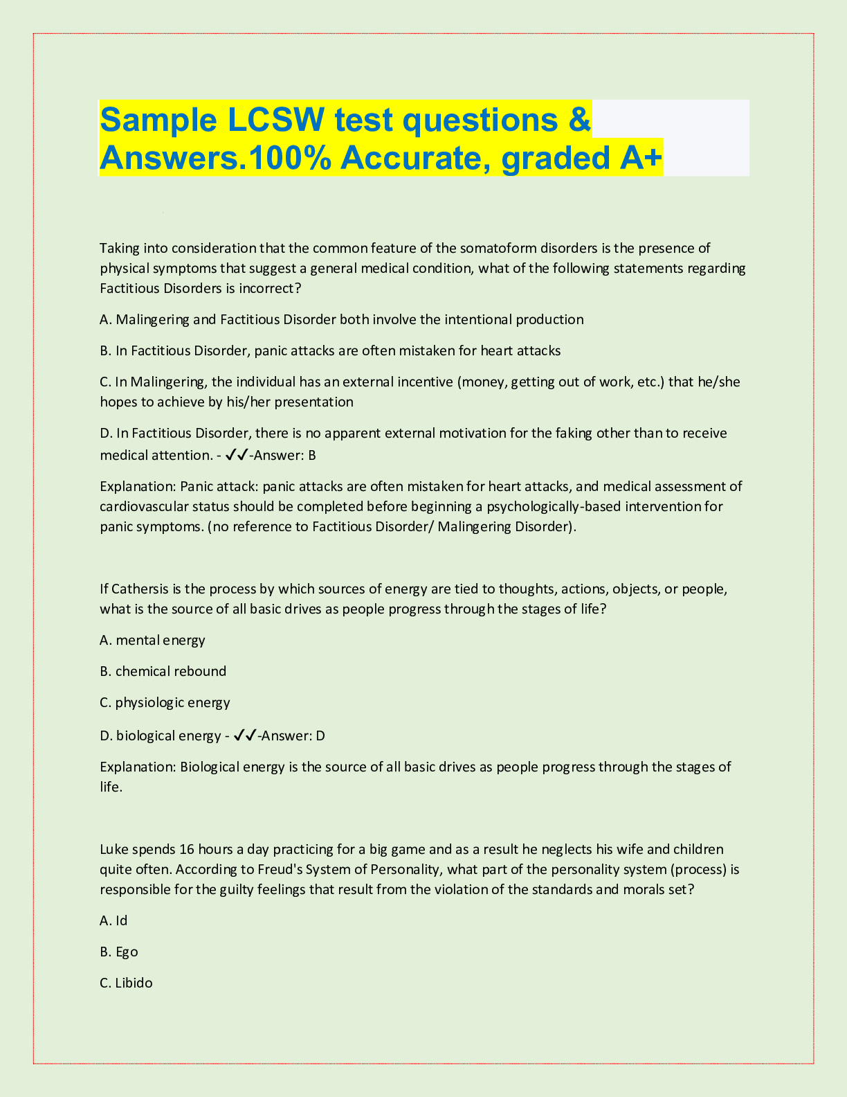 Sample LCSW test questions & Answers. 100% Accurate. Rated A+ ...