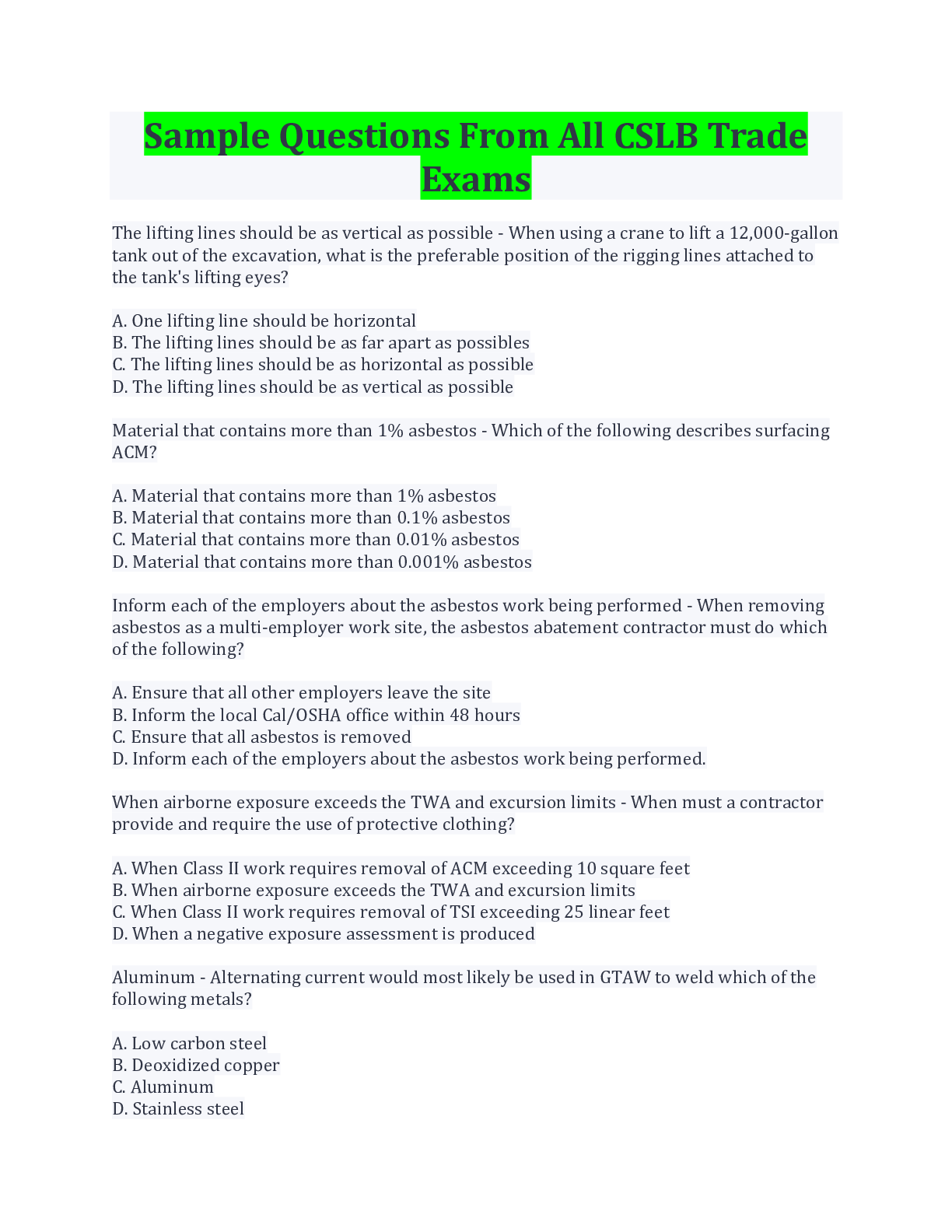 Sample questions from all CSLB trade exams| WELL ANSWERED - Scholarfriends