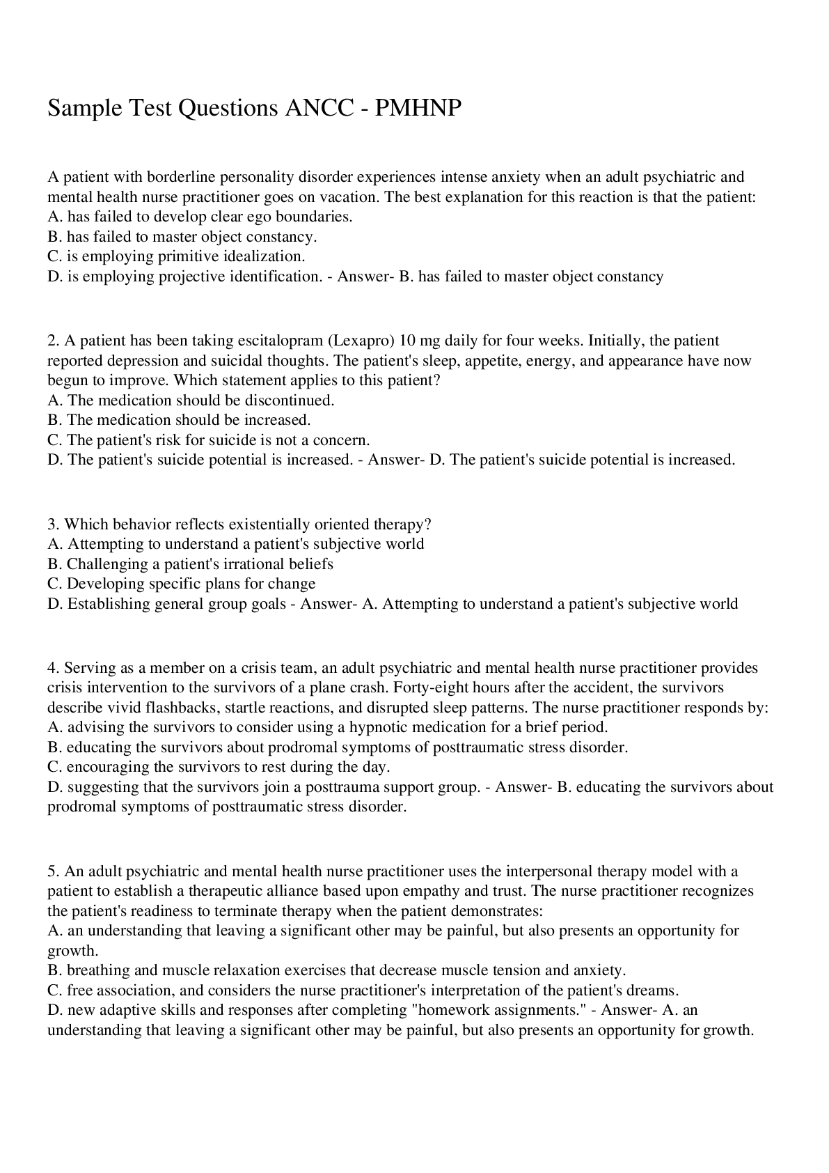 Sample Test Questions ANCC - PMHNP - Scholarfriends