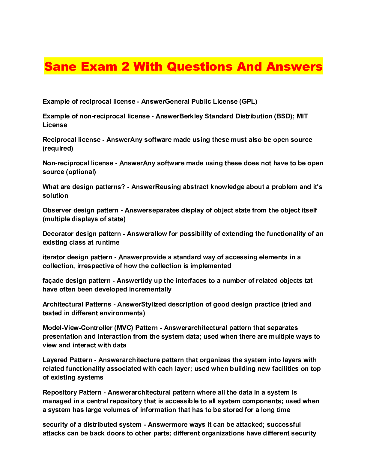 Sane Exam 2 With Questions And Answers - Scholarfriends