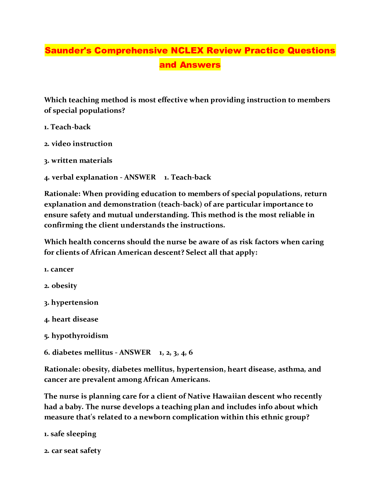 Saunder's Comprehensive NCLEX Review Practice Questions and Answers ...