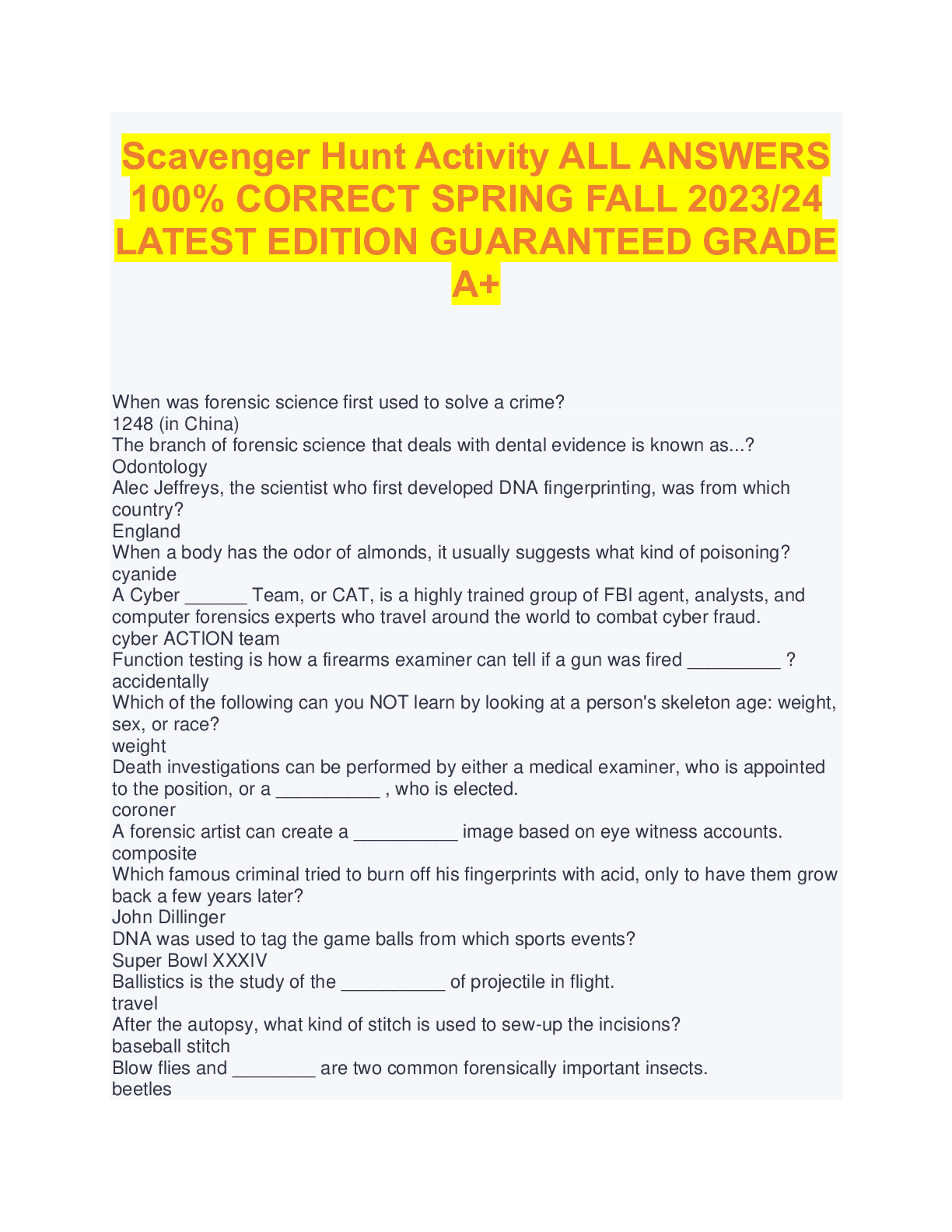 Scavenger Hunt Activity ALL ANSWERS 100% CORRECT SPRING FALL 2023/24 ...