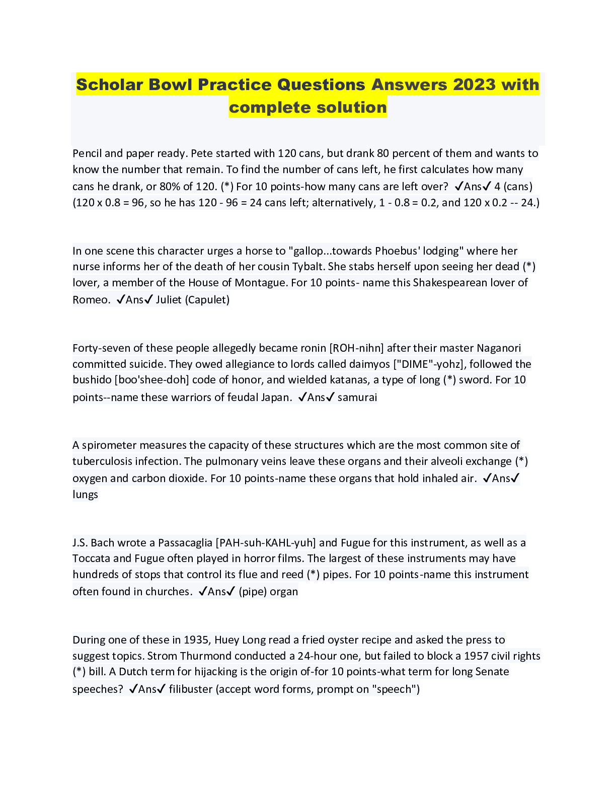 Scholar Bowl Practice Questions Answers 2023 with complete solution ...