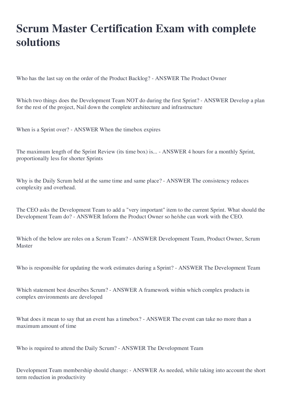 Scrum Master Certification Exam with complete solutions - Scholarfriends