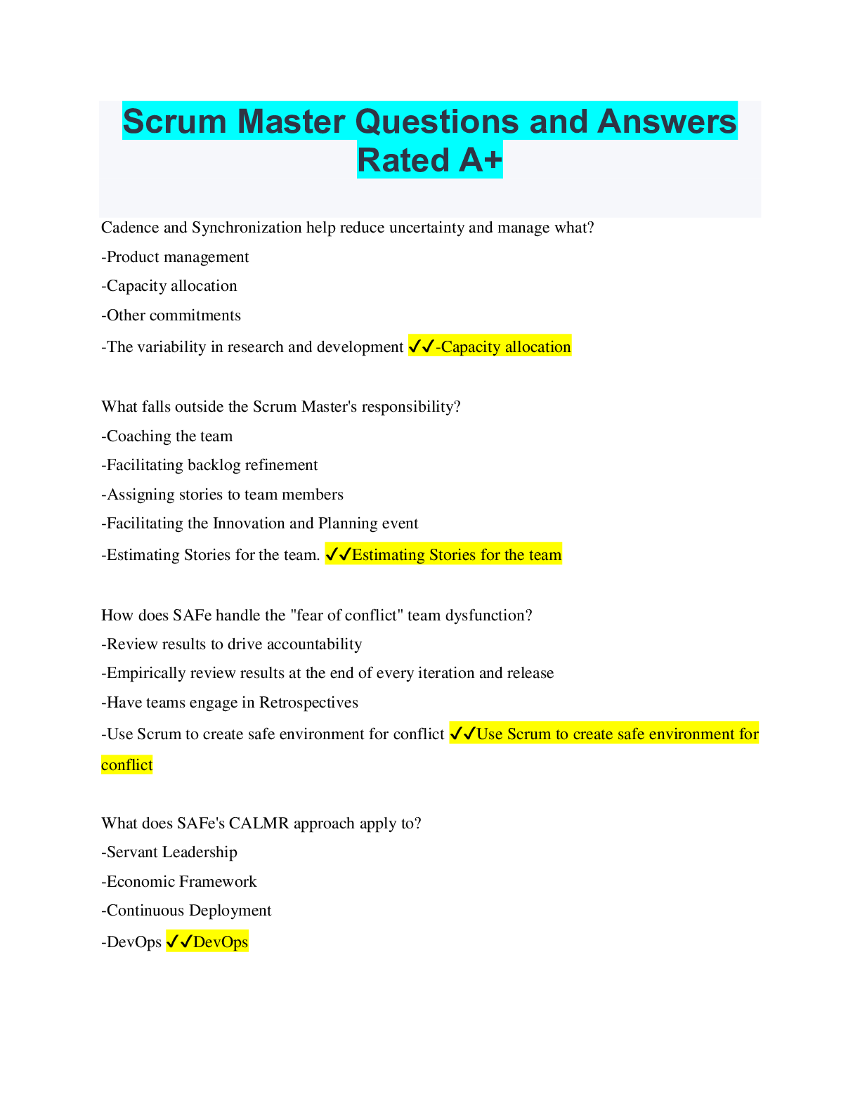 Scrum Master Questions and Answers Rated A+ - Scholarfriends