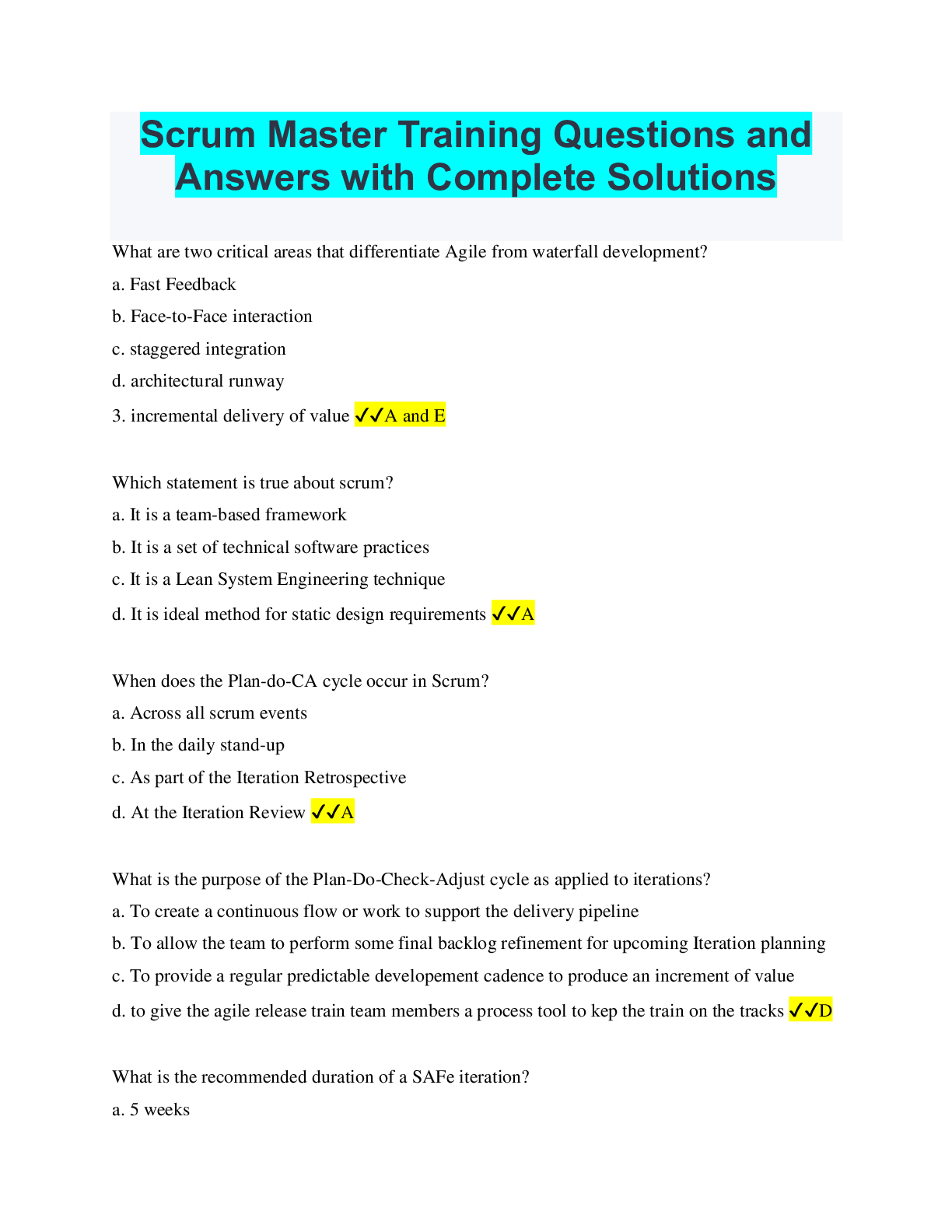 Scrum Master Training Questions and Answers with Complete Solutions ...
