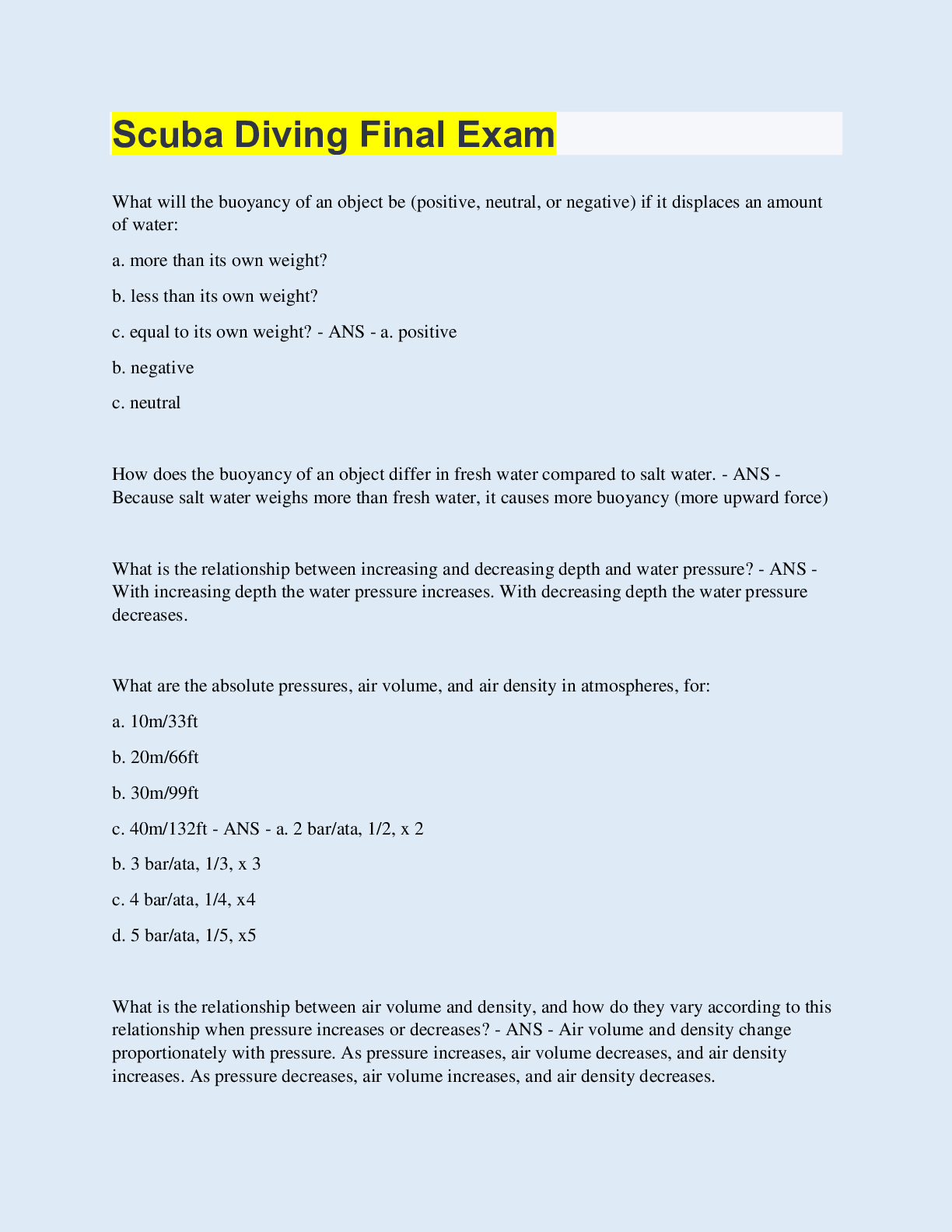 Scuba Diving Final Exam - Scholarfriends