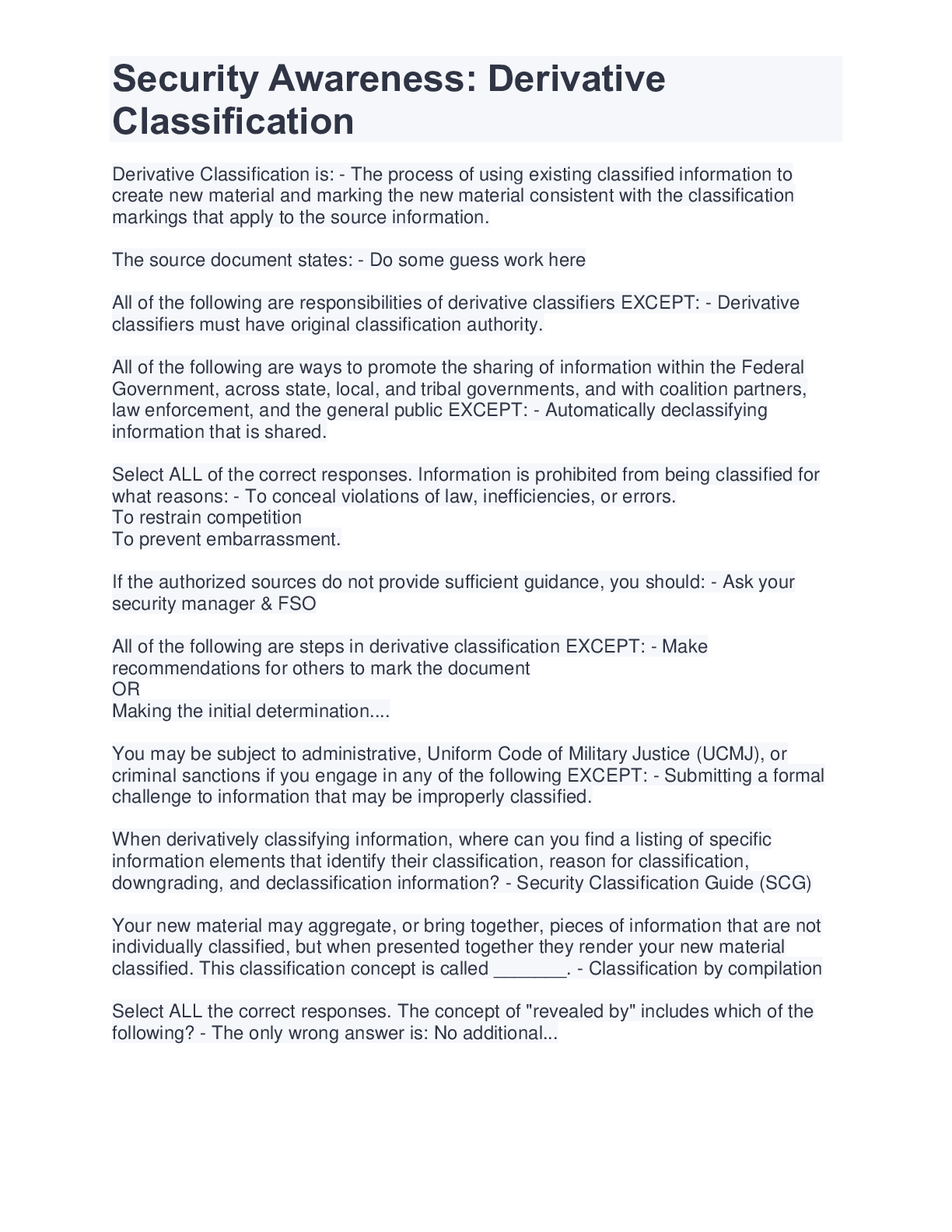 Security Awareness: Derivative Classification - Scholarfriends