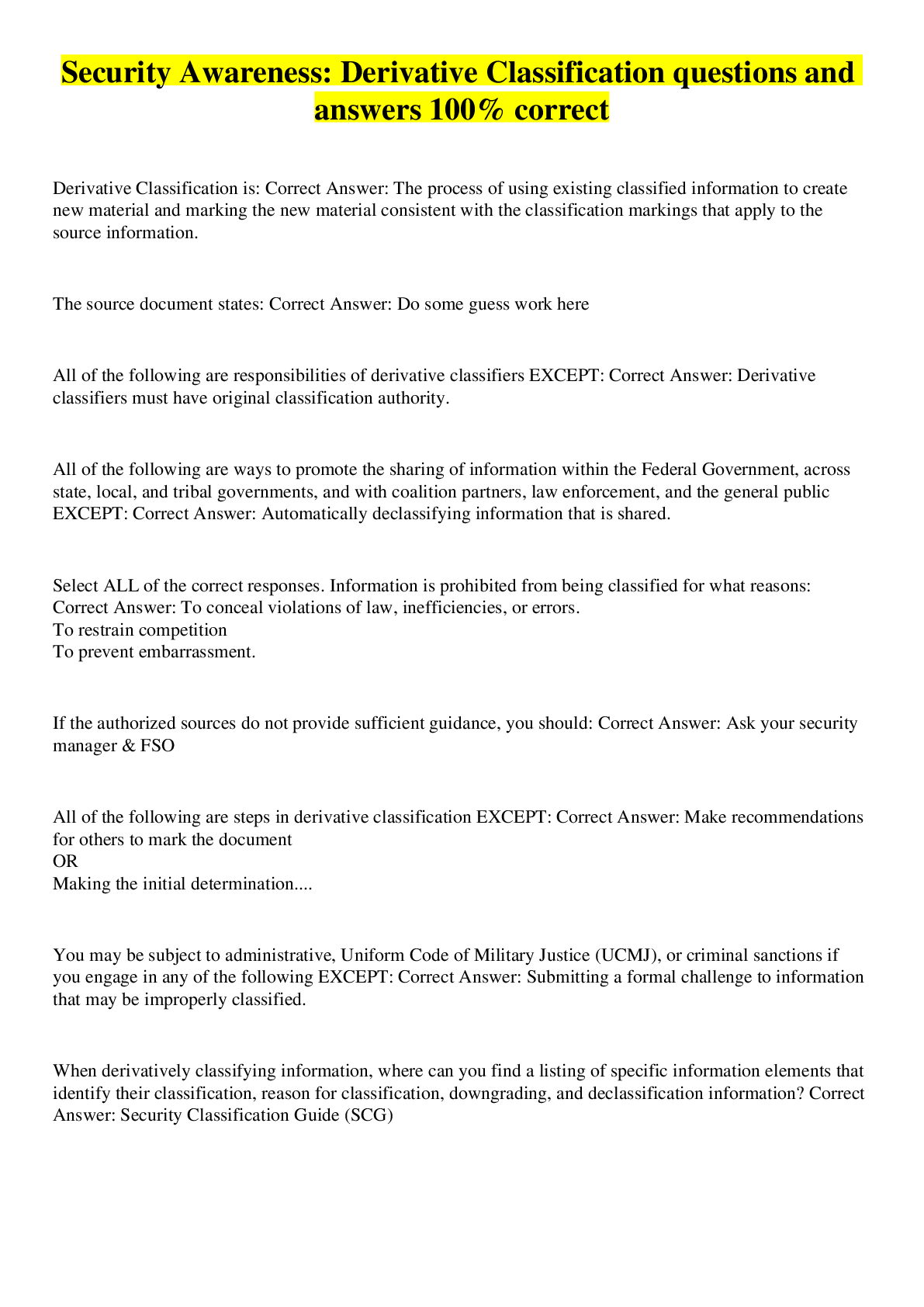 Security Awareness: Derivative Classification questions and answers 100 ...