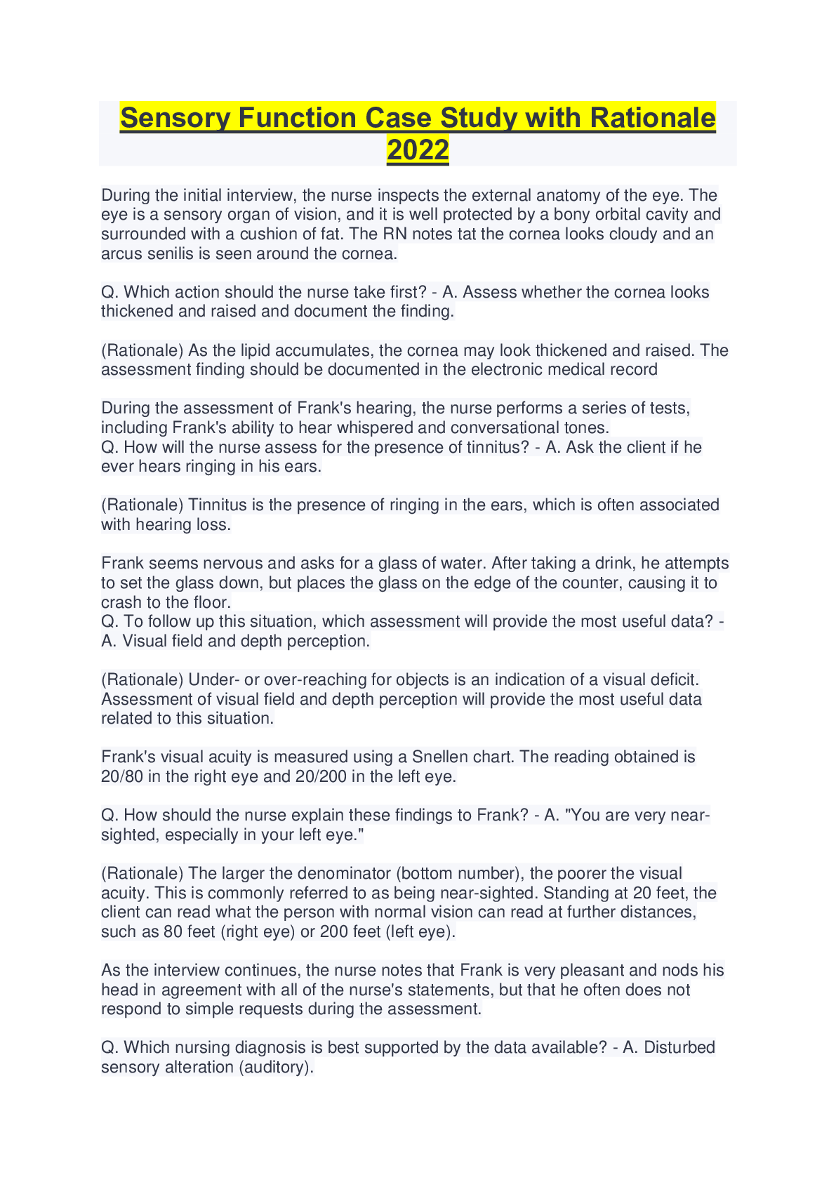 Sensory Function Case Study with Rationale 2022 - Scholarfriends