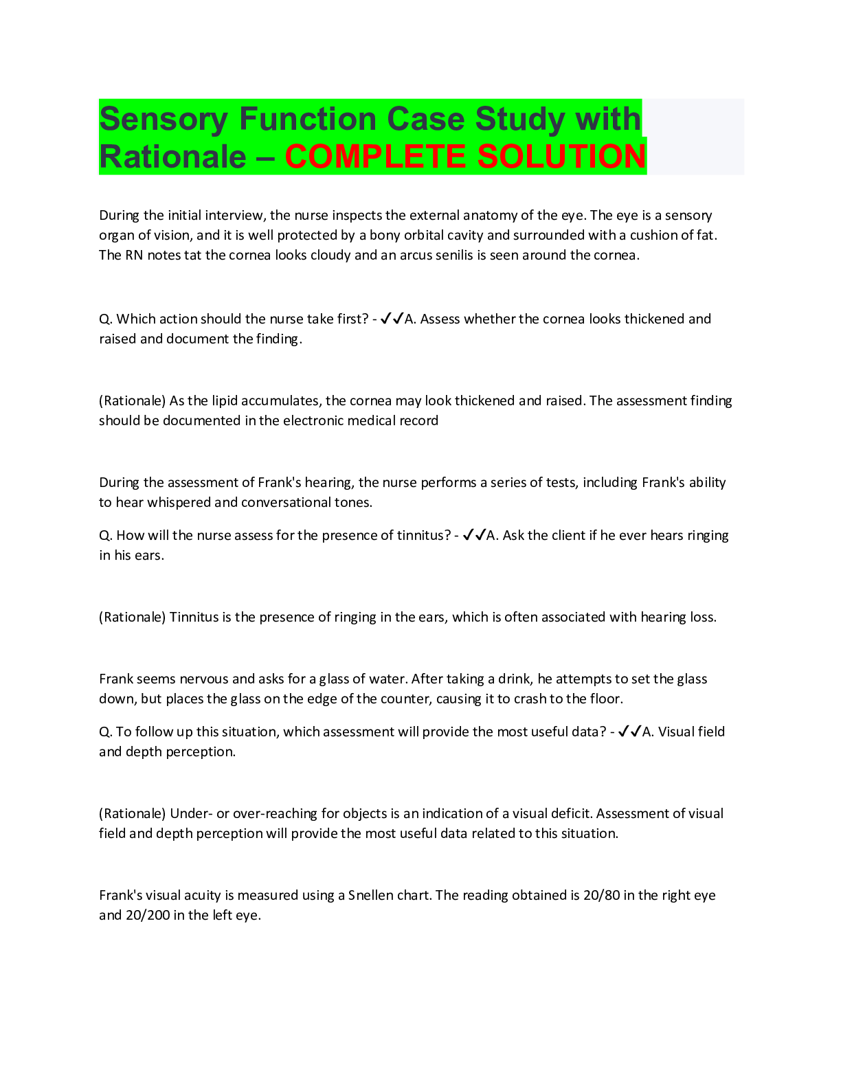 Sensory Function Case Study with Rationale – COMPLETE SOLUTION ...