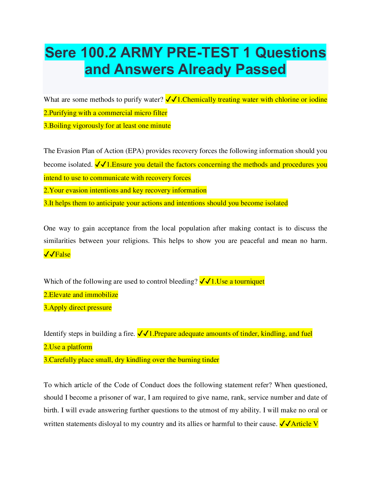 Sere 100.2 ARMY PRE-TEST 1 Questions and Answers Already Passed ...