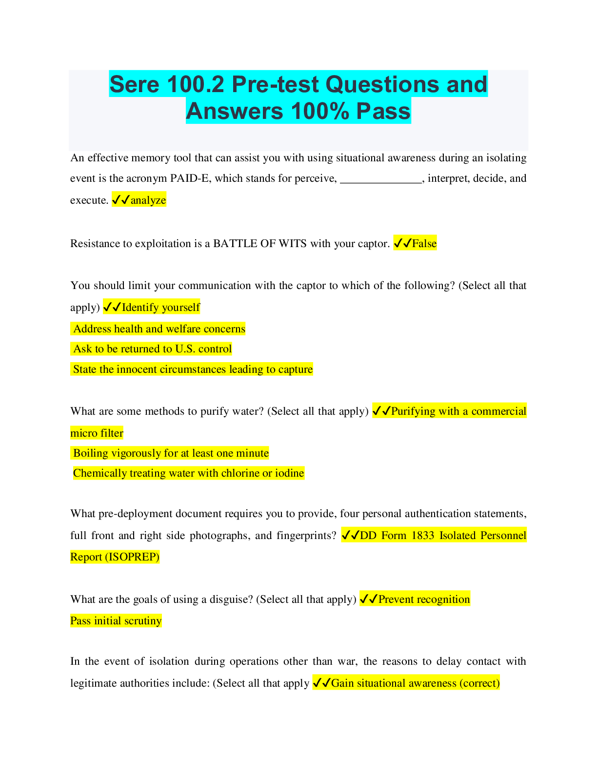 Sere 100.2 Pre-test Questions and Answers 100% Pass - Scholarfriends