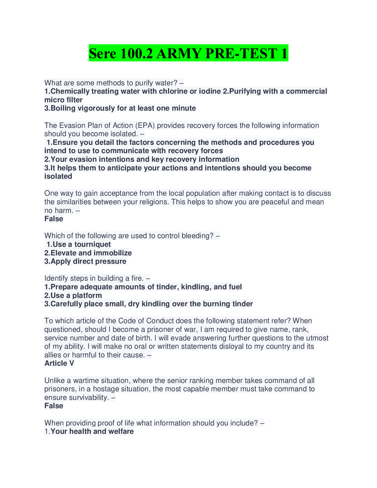 Sere 100.2 ARMY PRE-TEST 1 QUESTIONS AND ANSWERS LATEST UPDATE ...