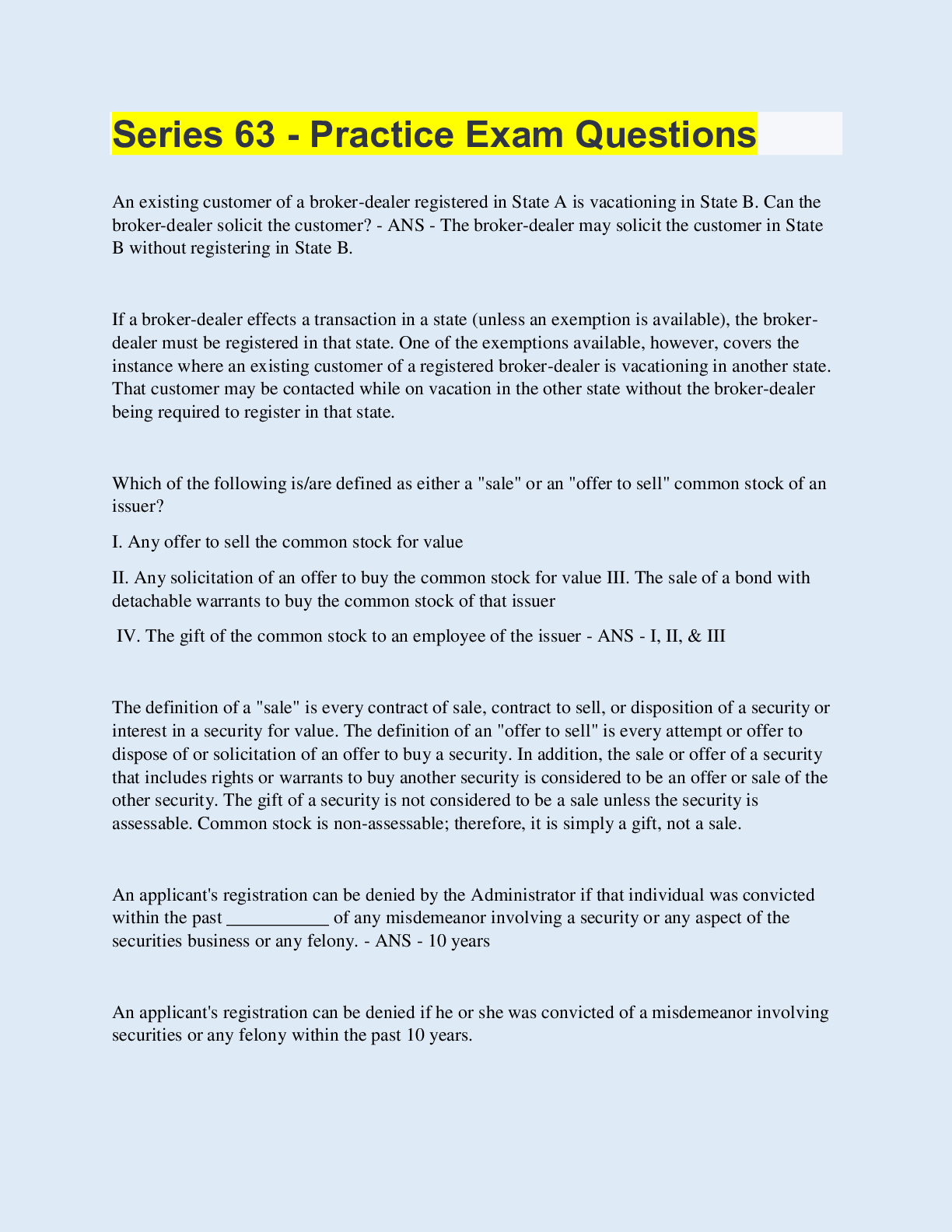 Series 63 - Practice Exam Questions - Scholarfriends