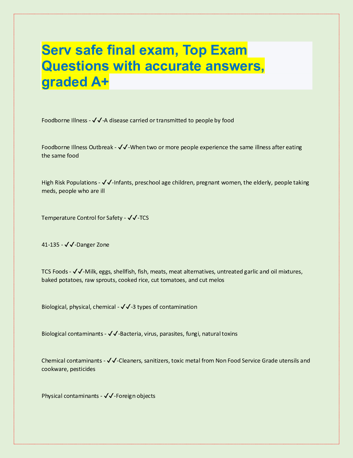Serv safe final exam, Top Exam Questions with accurate answers, graded ...