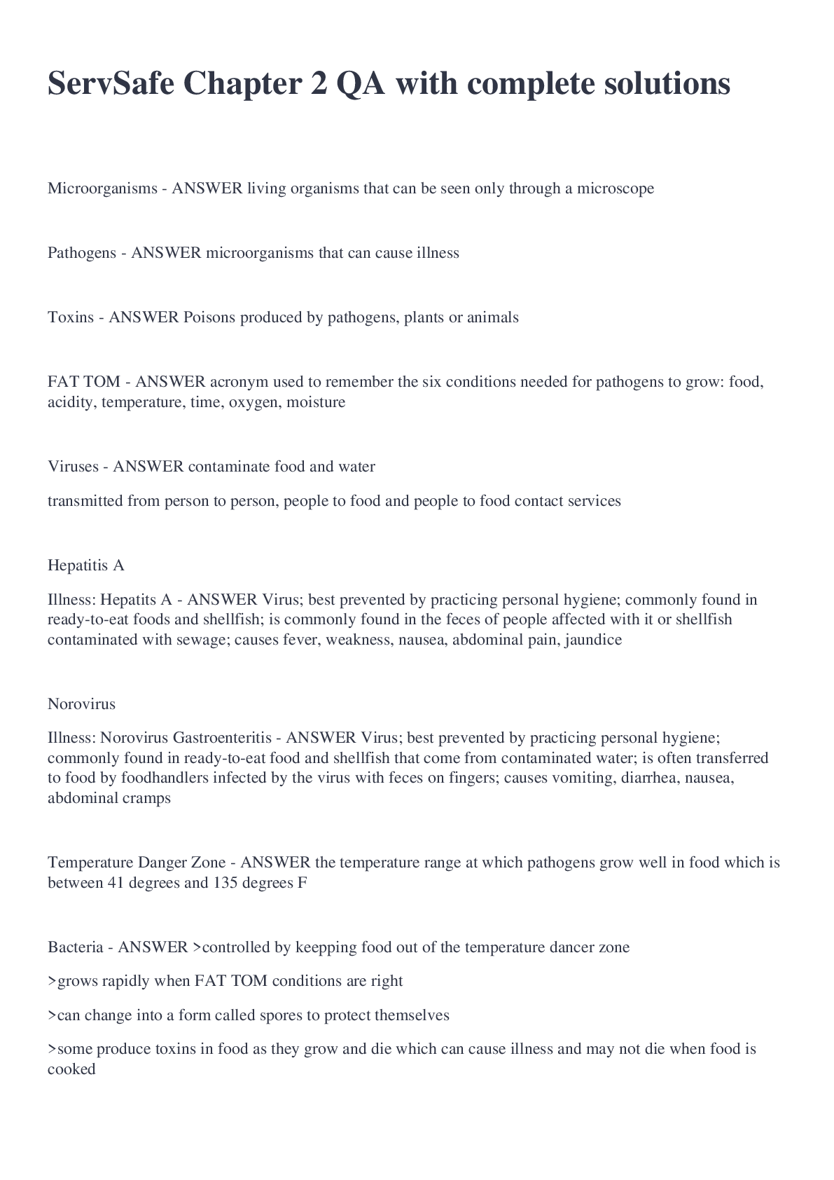 ServSafe Chapter 2 QA with complete solutions - Scholarfriends