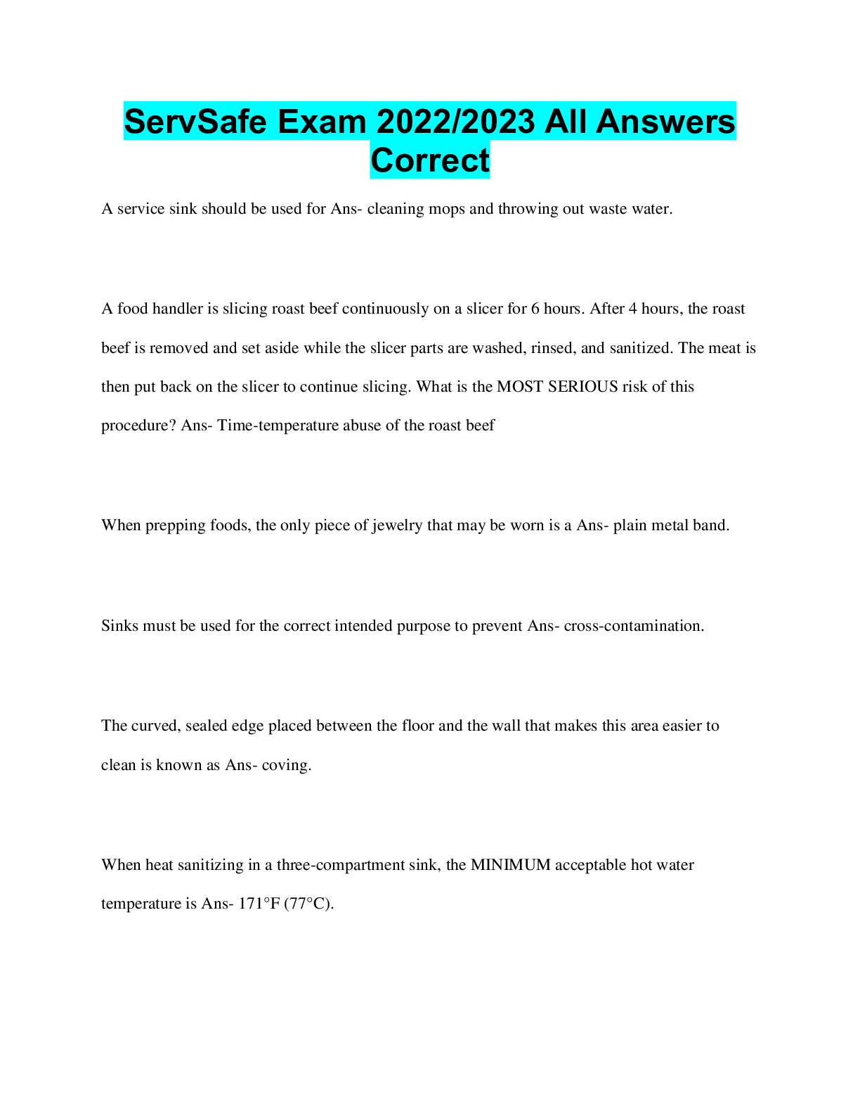 ServSafe exam 2022| 80 questions| WITH COMPLETE SOLUTIONS - Scholarfriends