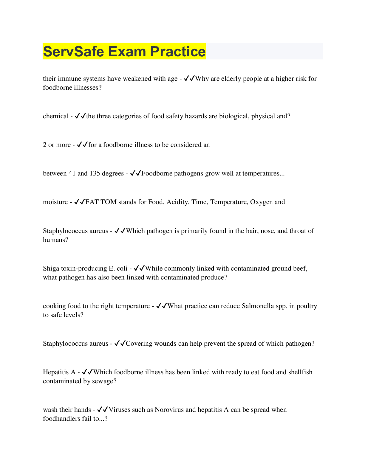 ServSafe Exam Practice (90 Questions with 100% Correct Answers ...