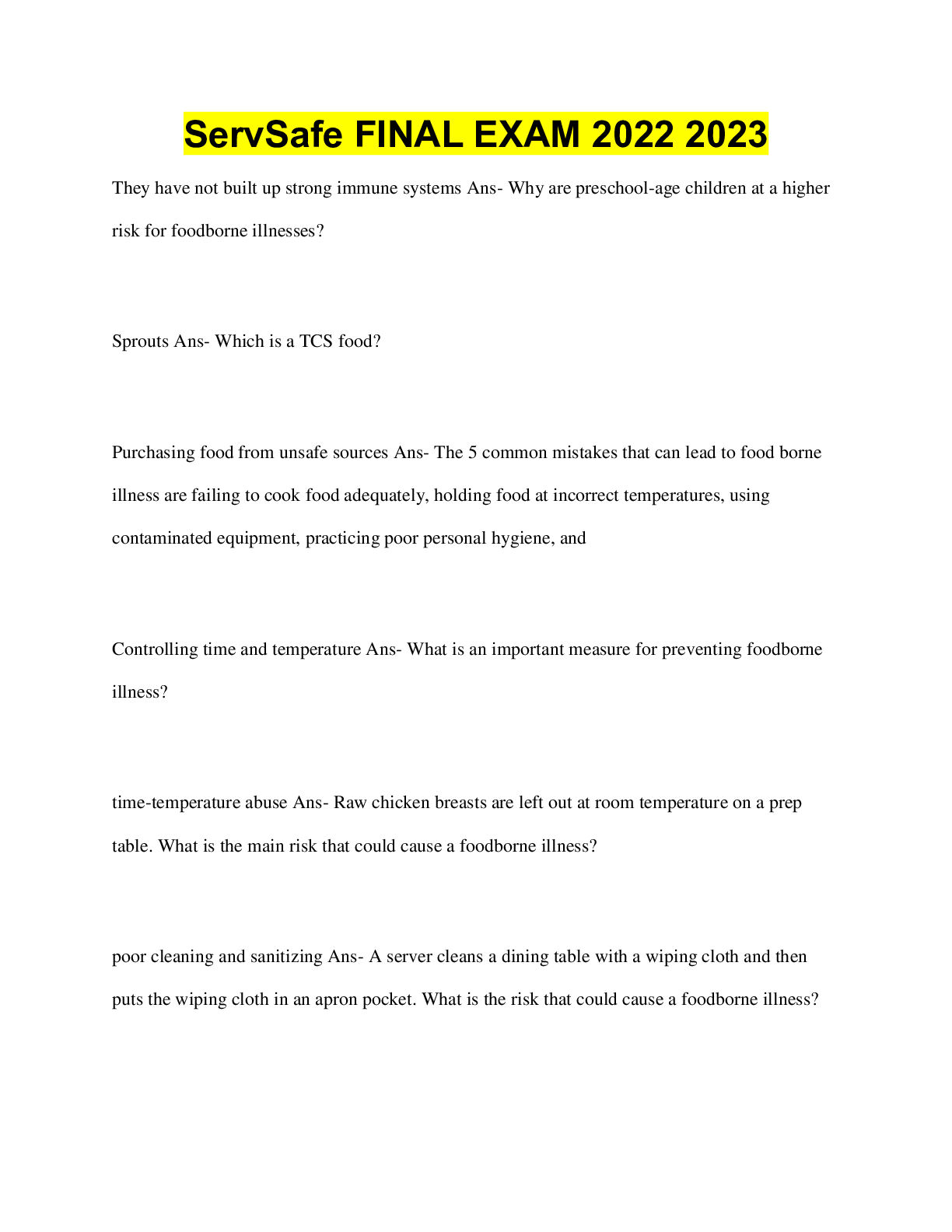 ServSafe FINAL EXAM 2022 2023 – Scholarfriends - Scholarfriends