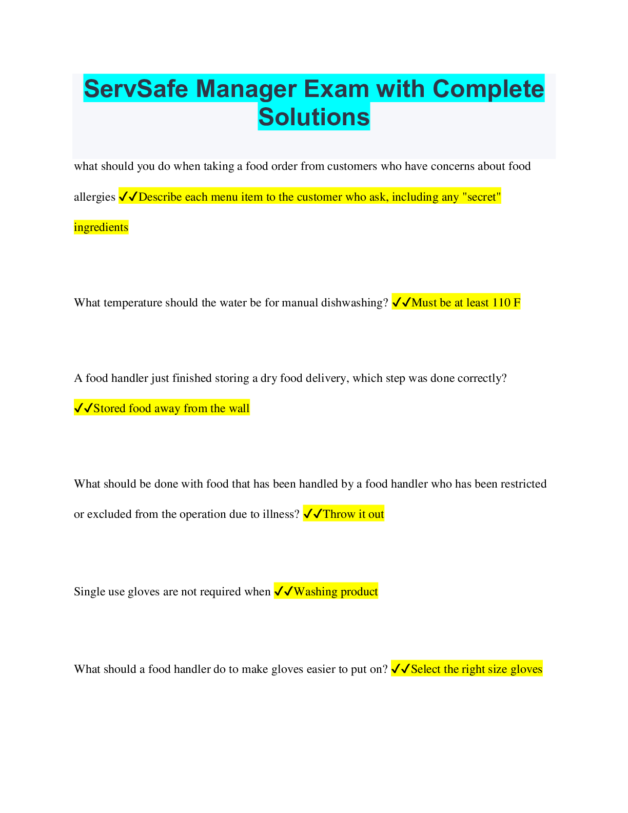 ServSafe Manager Exam with Complete Solutions - Scholarfriends