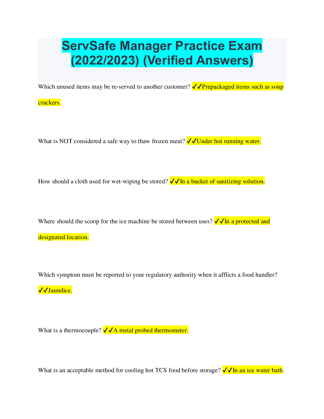 ServSafe Manager Practice Exam (2022/2023) (Verified Answers ...