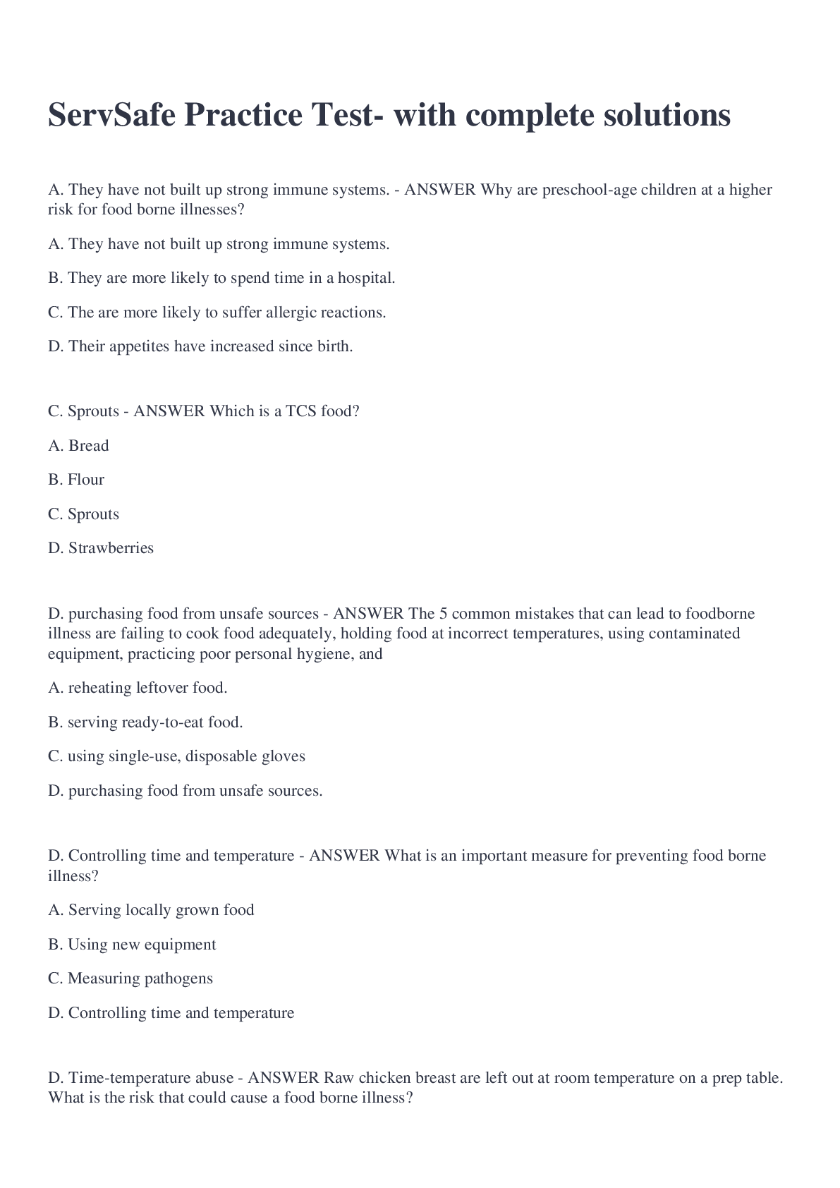 ServSafe Practice Test- with complete solutions - Scholarfriends