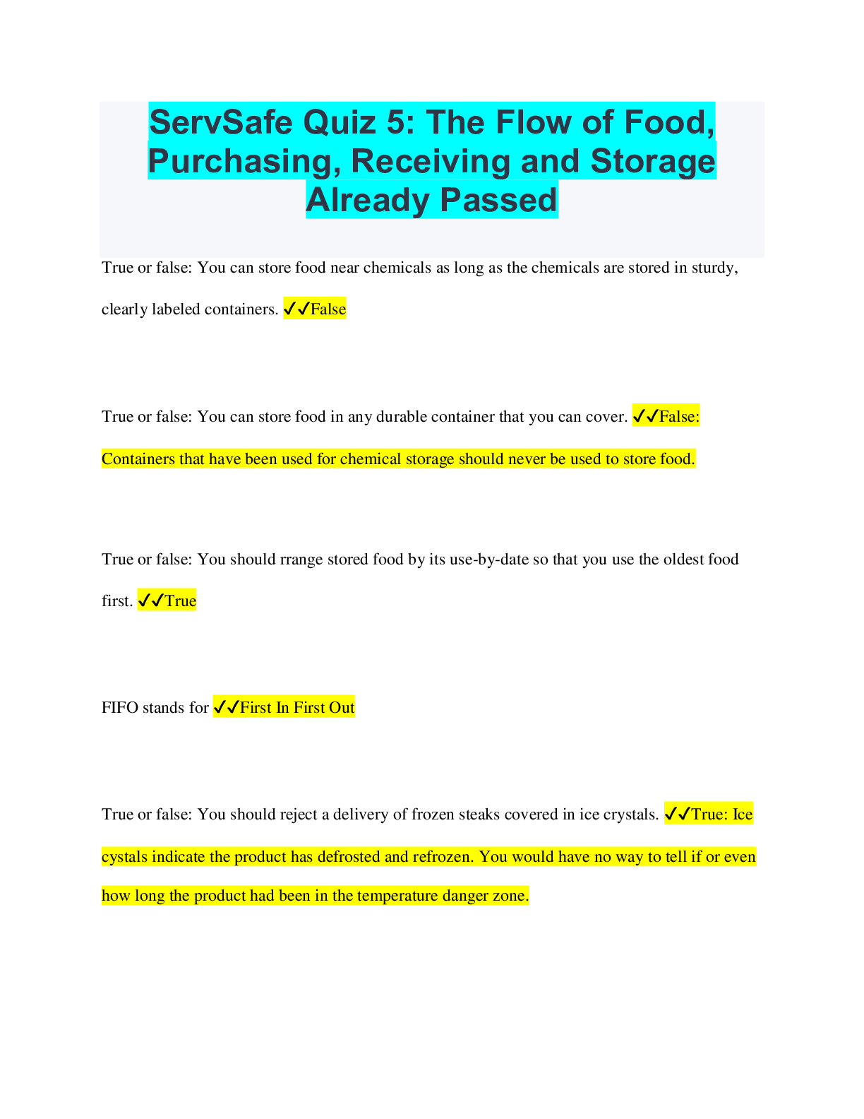 ServSafe Quiz 5: The Flow of Food, Purchasing, Receiving and Storage ...