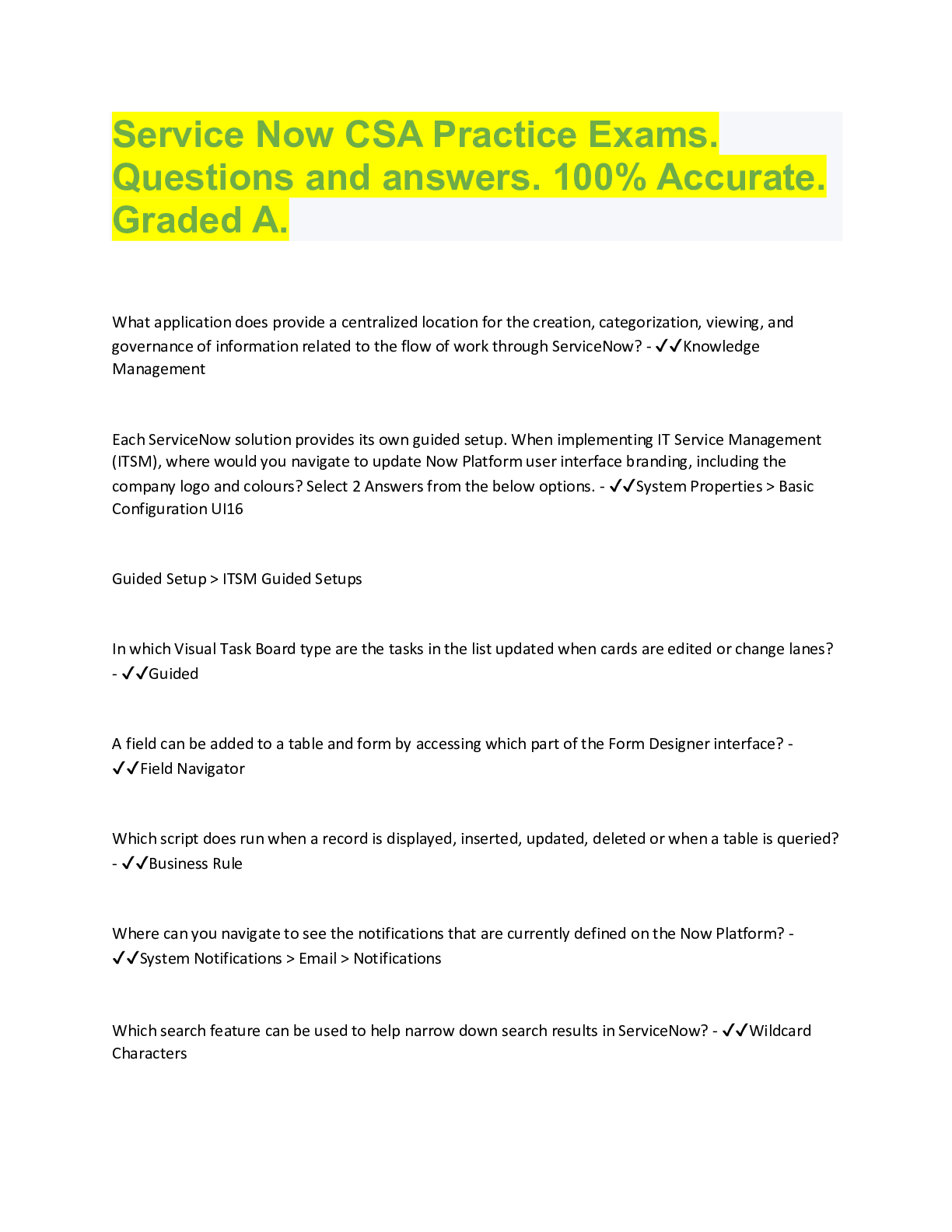 Service Now CSA Practice Exams. Questions and answers. 100% Accurate ...