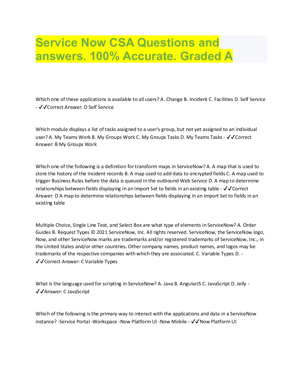 Service Now CSA Questions and answers. 100% Accurate. Graded A ...