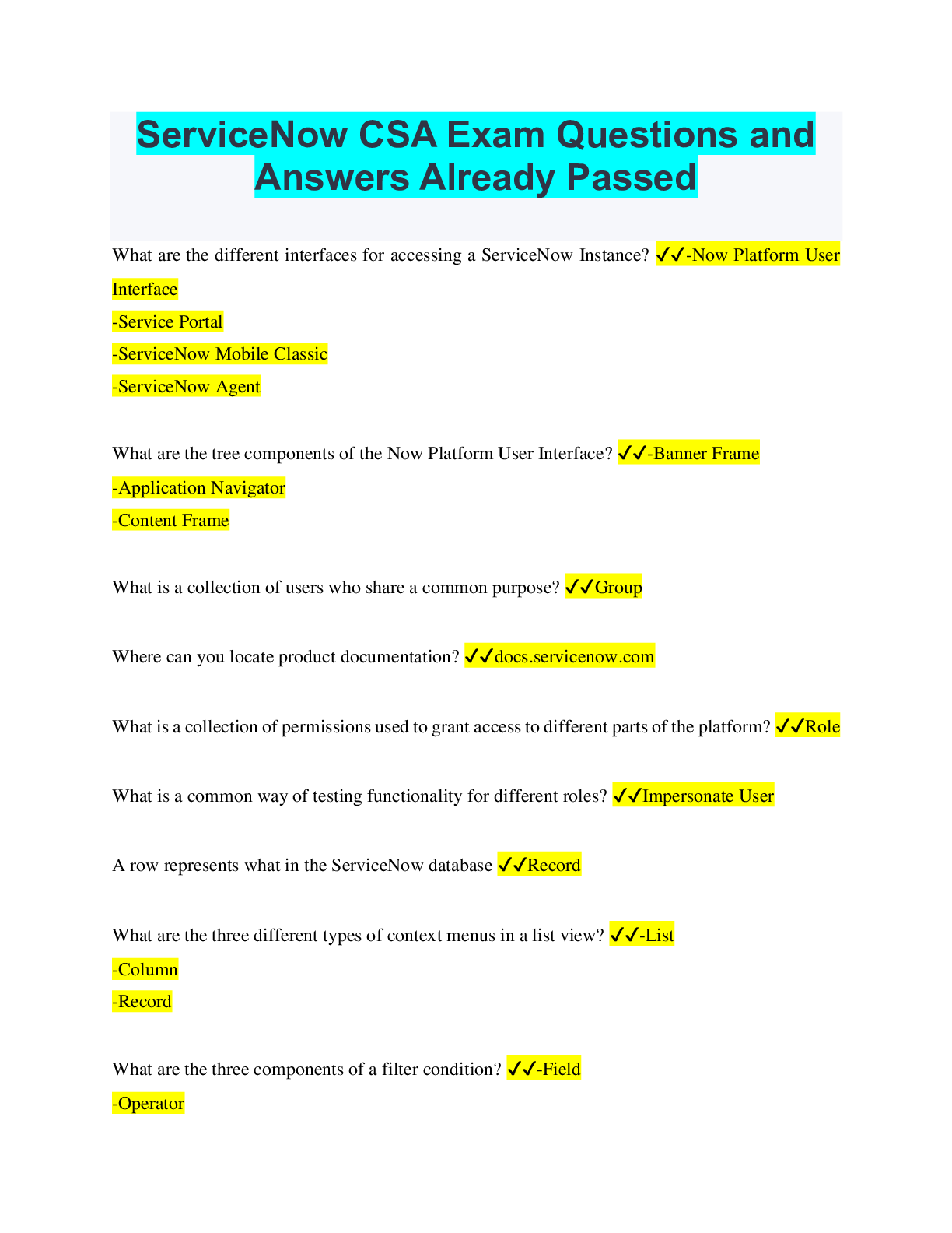 ServiceNow CSA Exam Questions and Answers Already Passed - Scholarfriends
