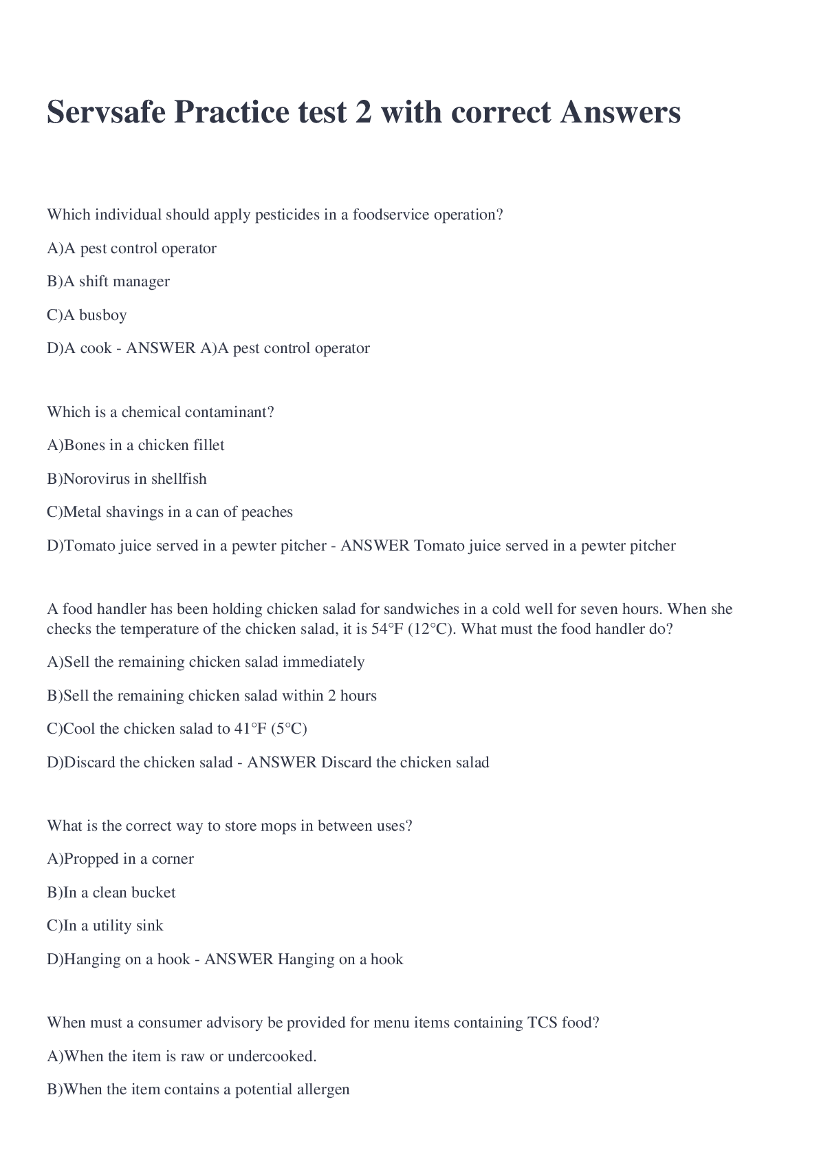 Servsafe Practice test 2 with correct Answers - Scholarfriends