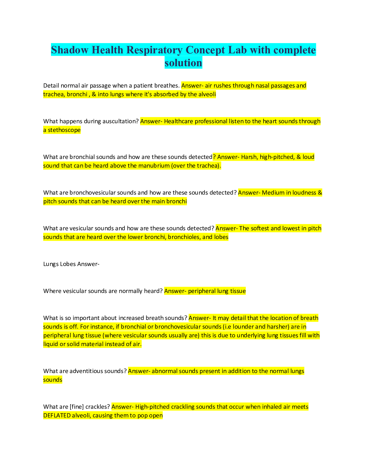 Shadow Health Respiratory Concept Lab with complete solution ...
