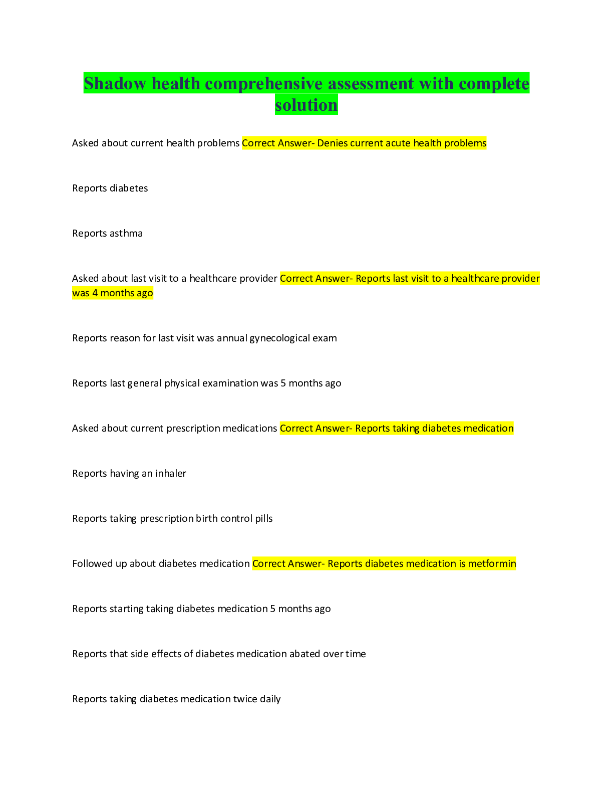 Shadow health comprehensive assessment with complete solution ...