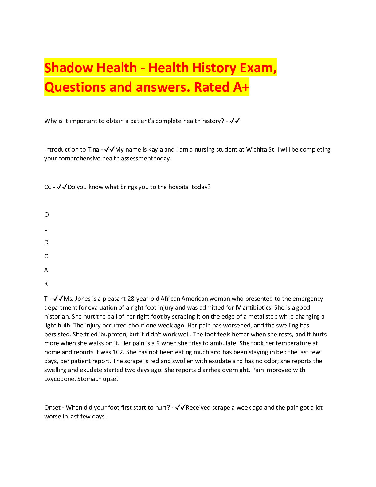 SHADOW HEALTH- TINA JONES – NEUROLOGICAL|QUESTION AND CORRECT ANSWERS ...