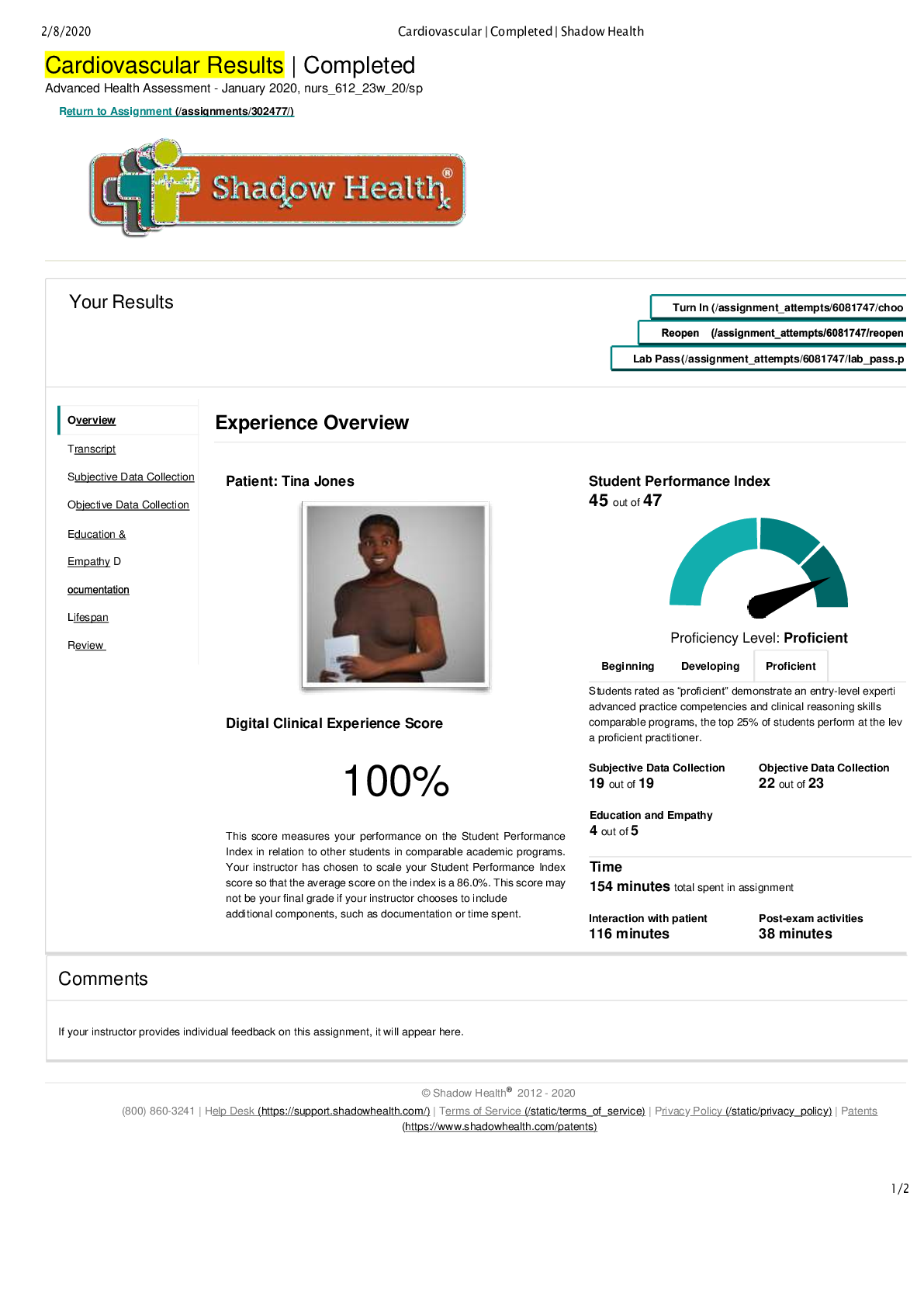 Tina Jones shadow health cardiovascular physical assessment results ...
