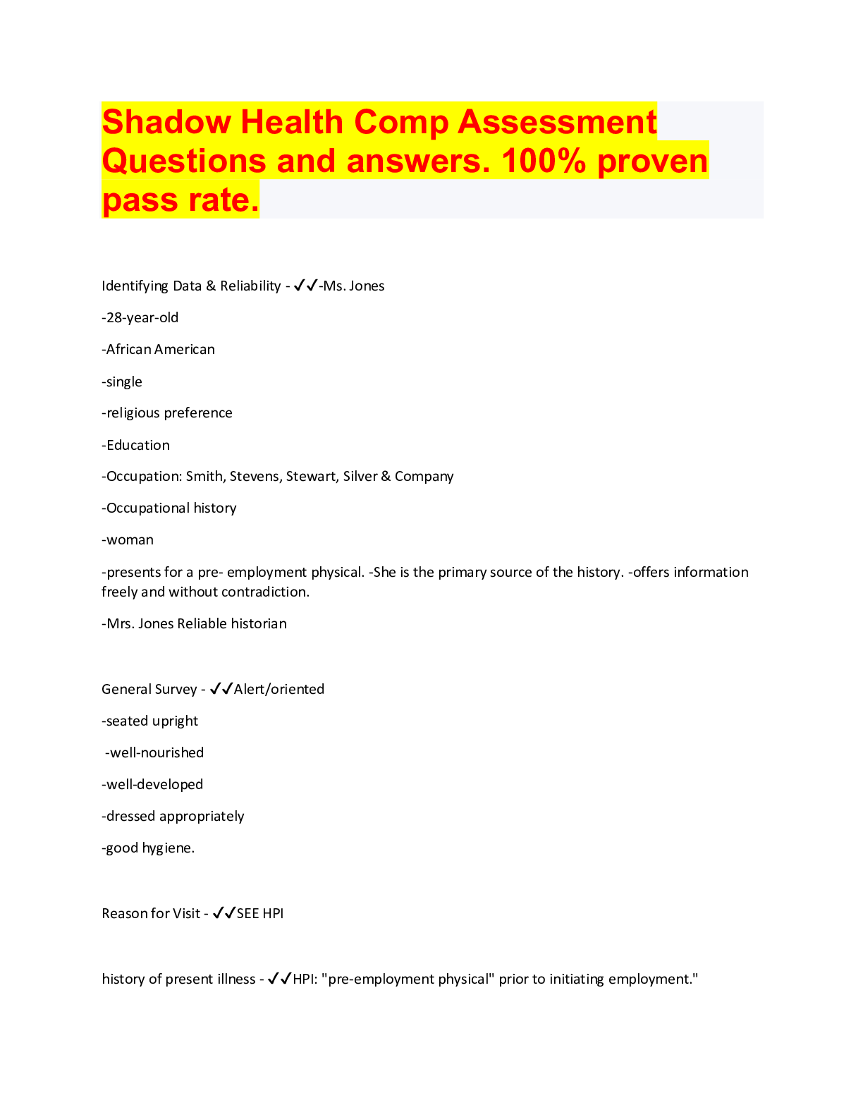 Shadow Health Comp Assessment Questions and answers. 100% proven pass ...