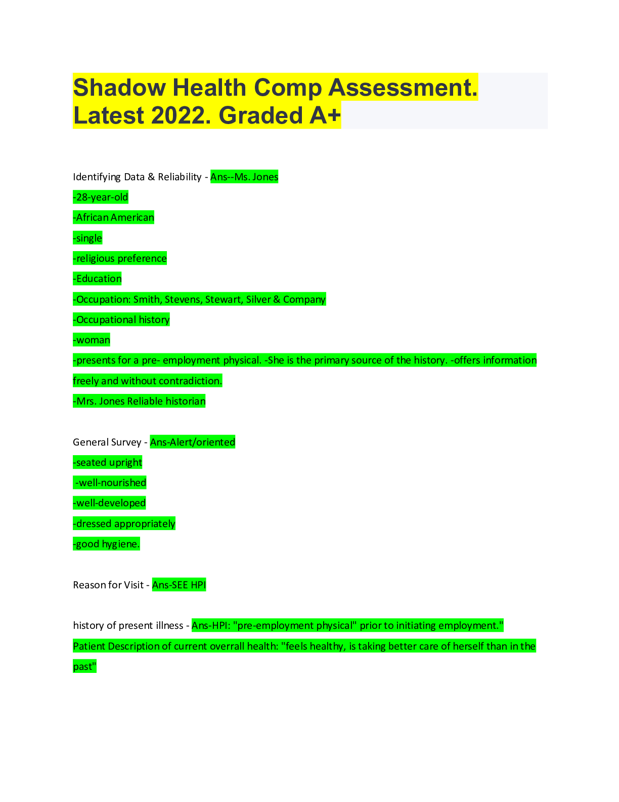 Shadow Health Comp Assessment. Latest 2022. Graded A+ - Scholarfriends